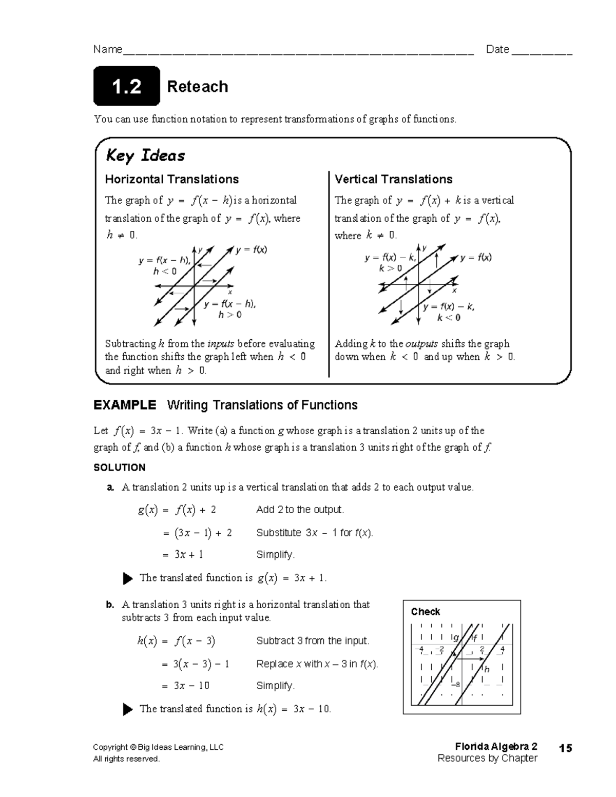 1 2 Reteach Algebra 2 - Copyright © Big Ideas Learning, LLC Florida ...