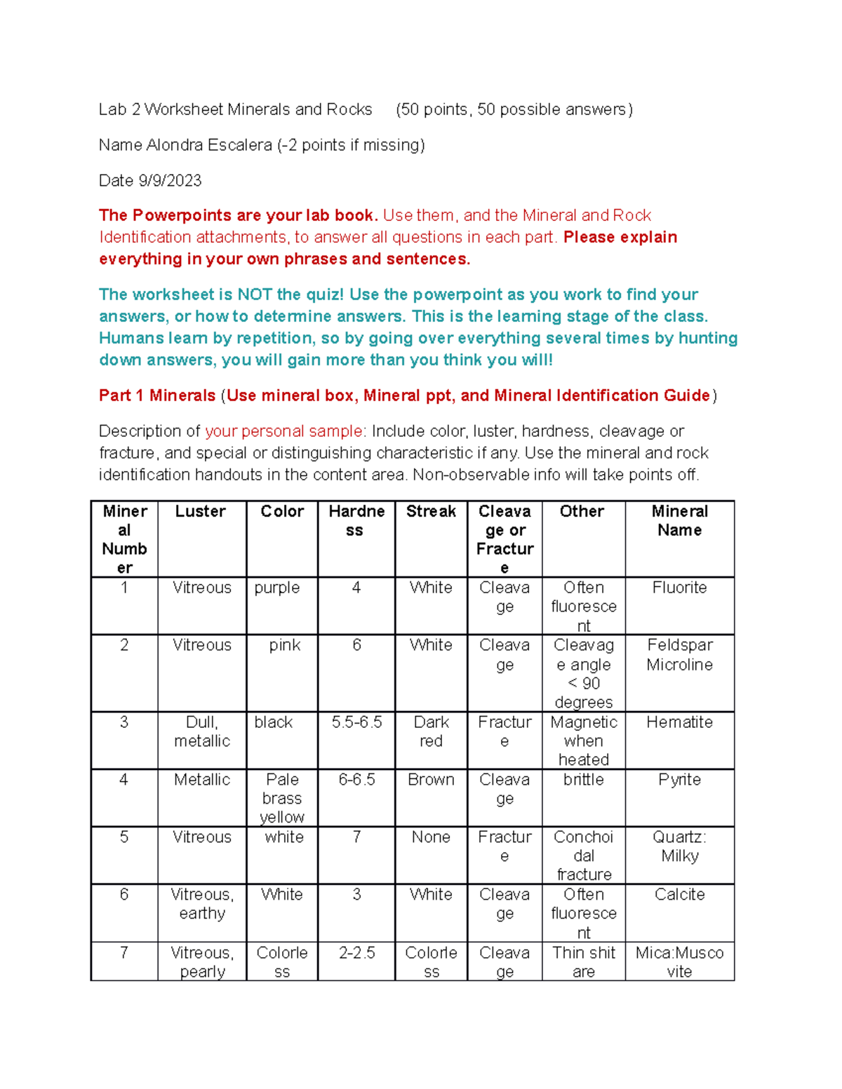 Lab 2 Worksheet Minerals and Rocks fall 2023 - Lab 2 Worksheet Minerals ...