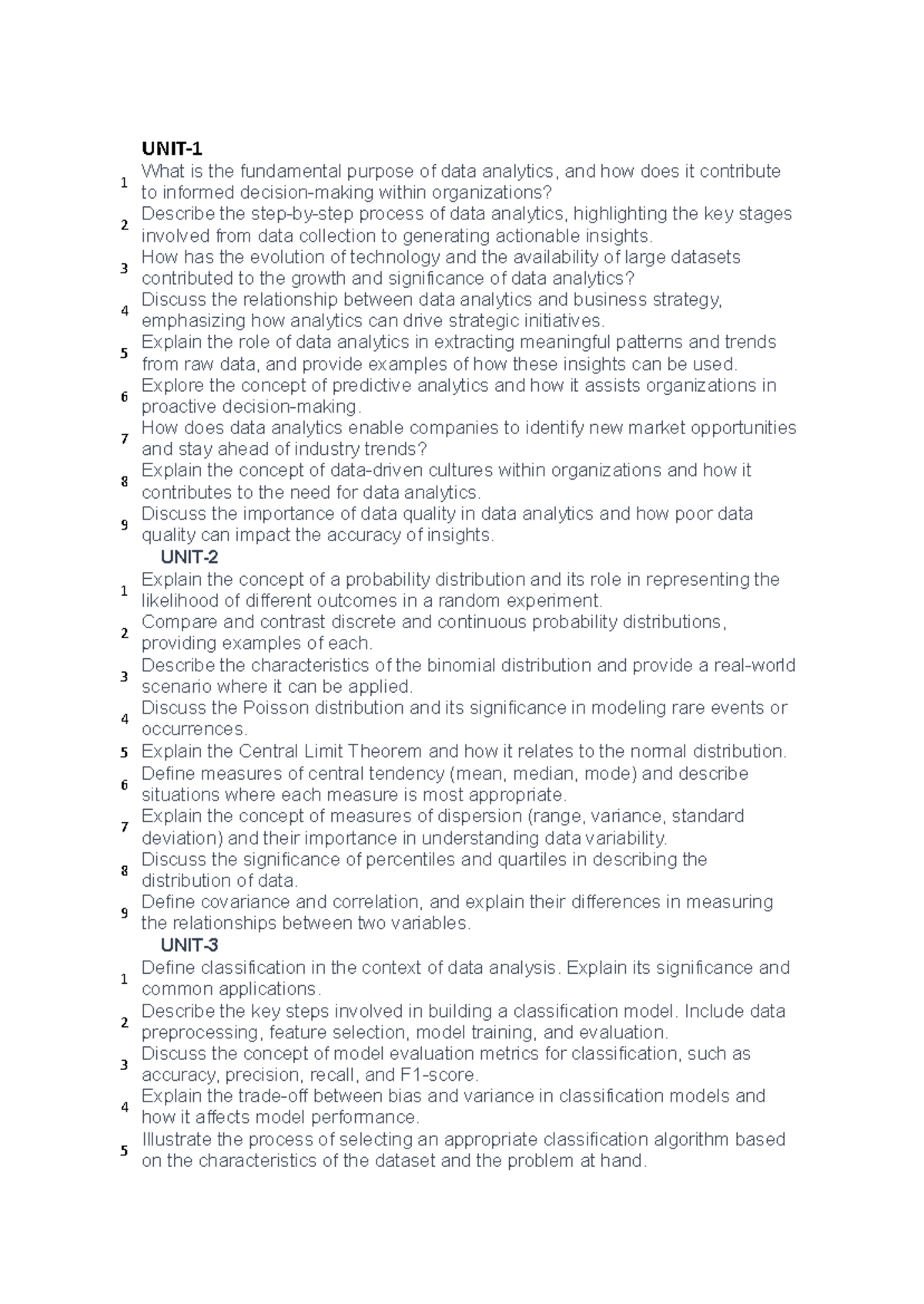 MID-1 QUestion bank - UNIT- 1 What is the fundamental purpose of data ...