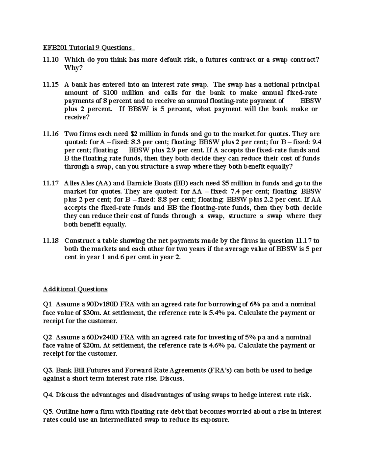 Efb201tut9sol - tutorial 9 solutions - EFB201 Tutorial 9 Questions 11 ...