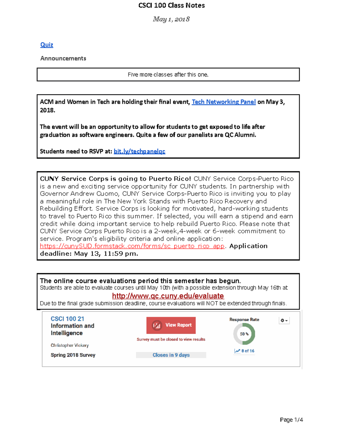 2018-05-01 Class Notes - CSCI 100 Class Notes May 1, 2018 Quiz ...