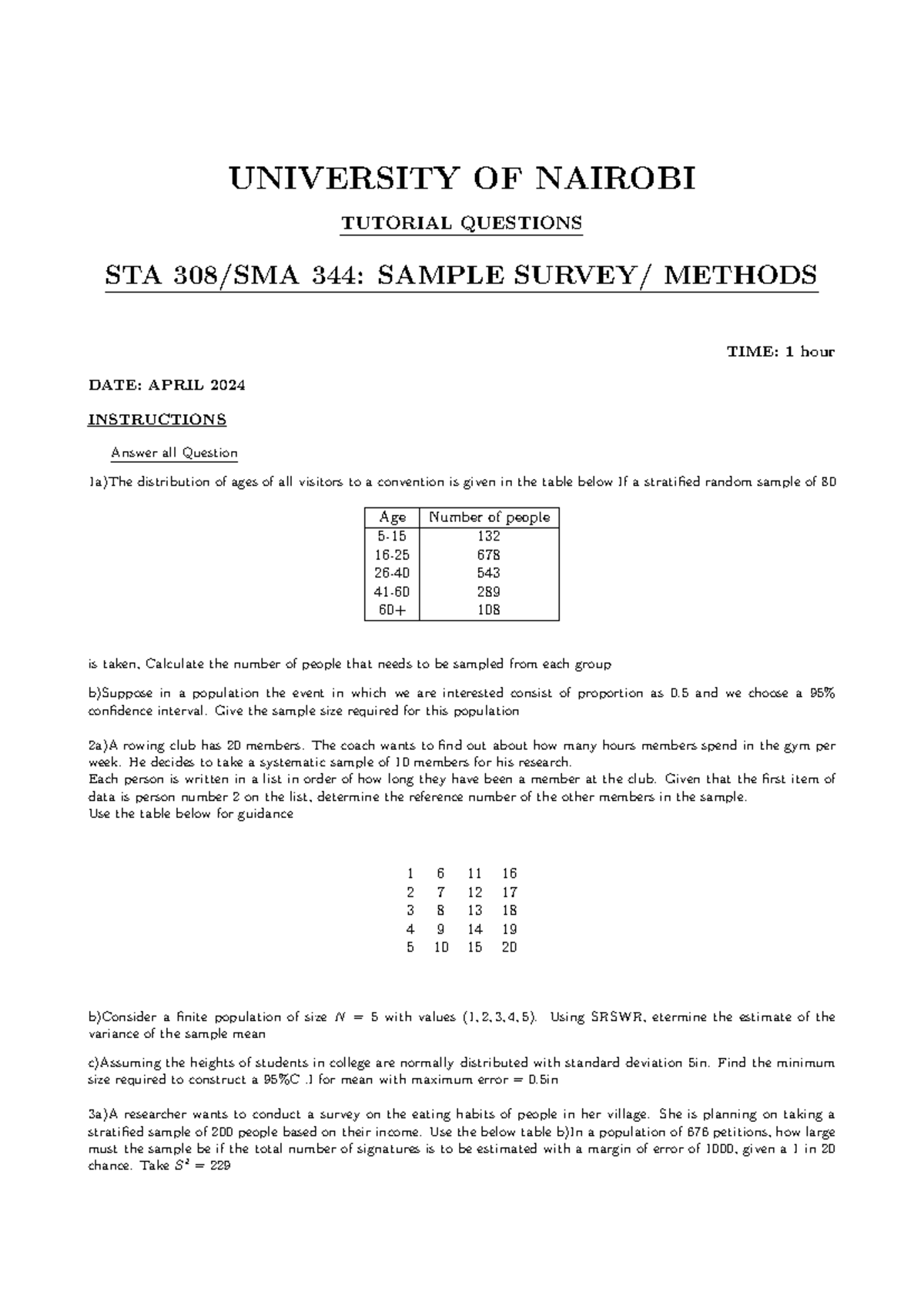 Tutorial Questions STA 308 SMA 344- 2024 - UNIVERSITY OF NAIROBI TUTORIAL QUESTIONS STA 308/SMA ...