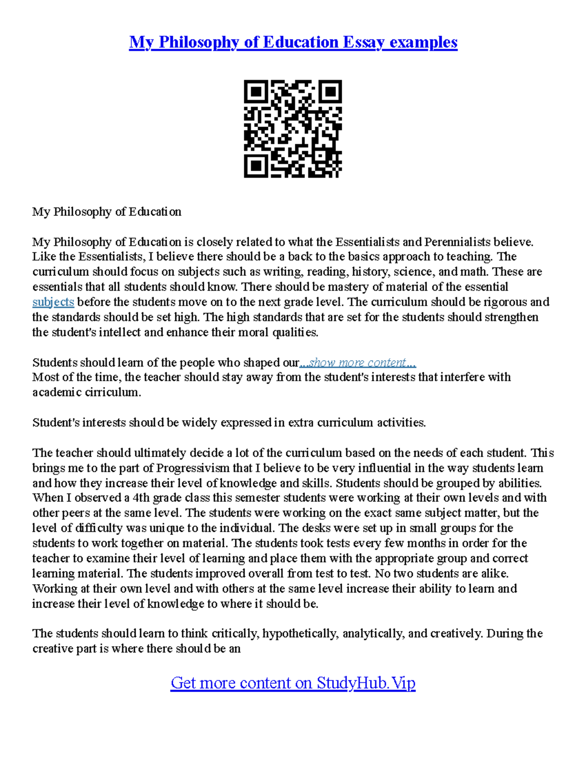 Philosophy Of Education Essay Samples - My Philosophy of Education ...