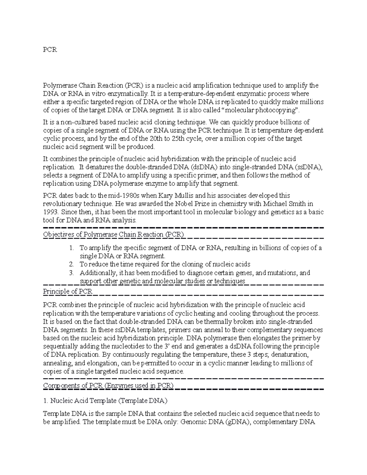 PCR - notes - PCR Polymerase Chain Reaction (PCR) is a nucleic acid ...