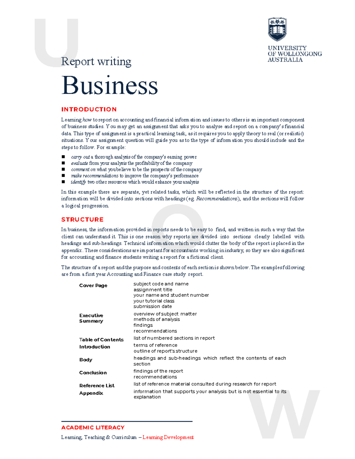 Business Report Guide - Lecture notes 1-3 - ACADEMIC LITERACY Learning ...