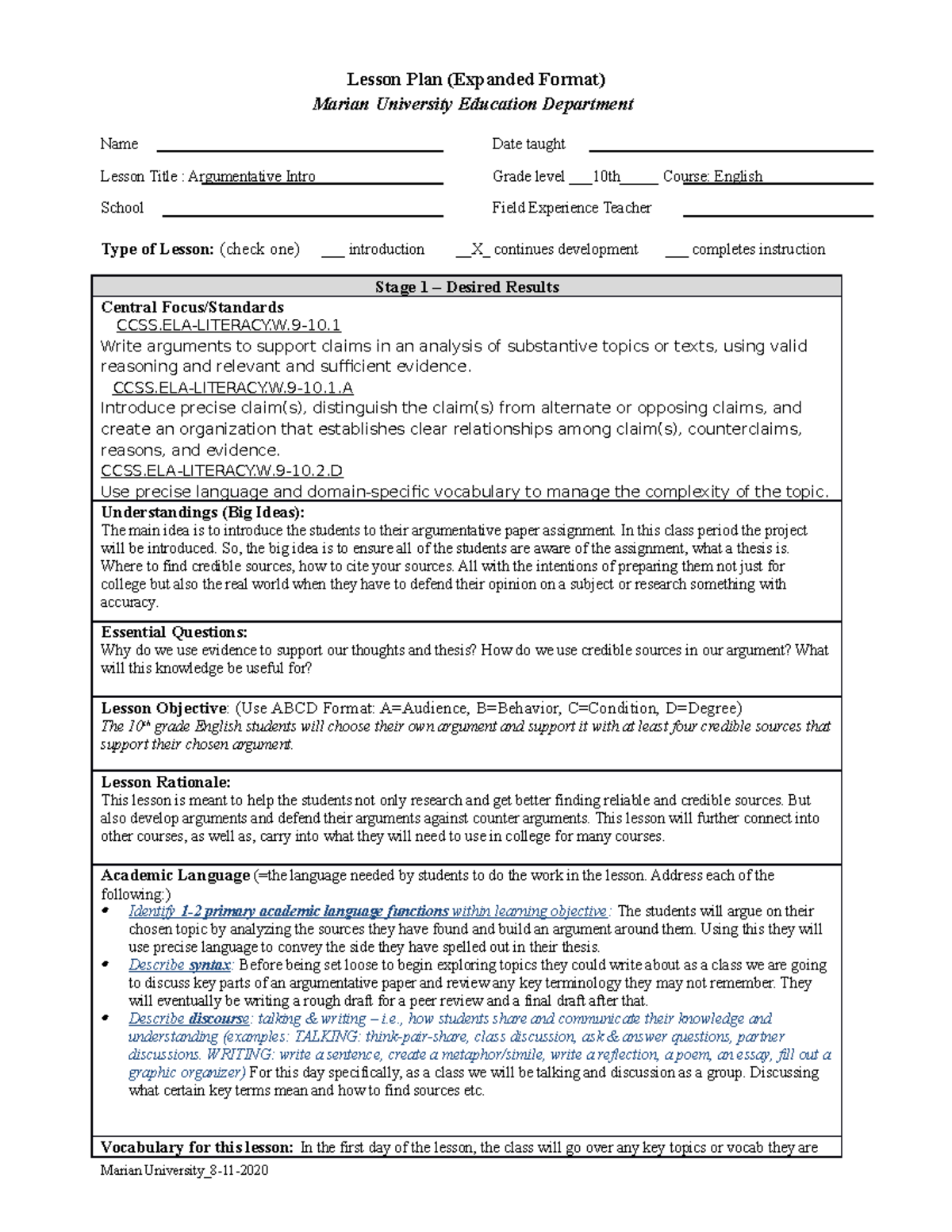 Final Lesson Plan - Lesson Plan (Expanded Format) Marian University ...
