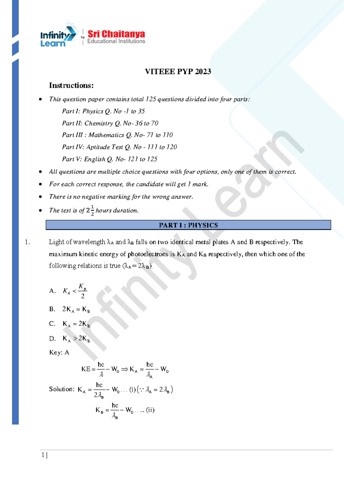 Viteee-PYP-2023 - Yhhhhh - VITEEE PYP 2023 Instructions: ####### This question paper contains ...