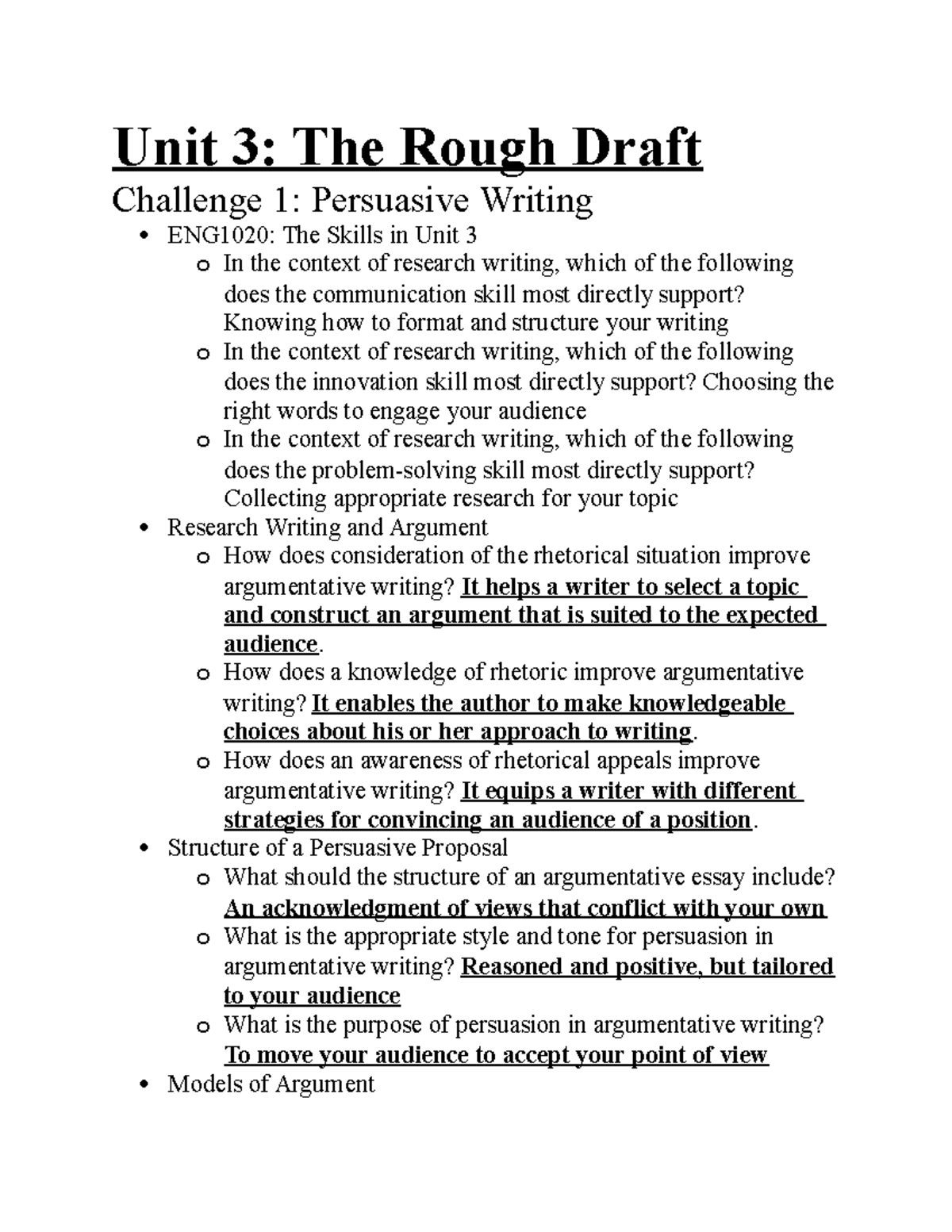 Unit 3 Notes - Unit 3: The Rough Draft Challenge 1: Persuasive Writing ...