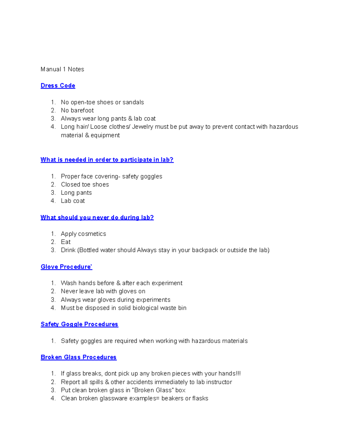 Lab Exam Review Slides - Lab Manual notes. - Manual 1 Notes Dress Code ...