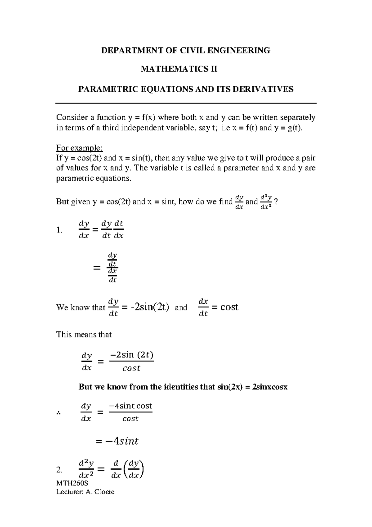 Parametric Equations And Its Derivatives Mth260s Lecturer A Cloete