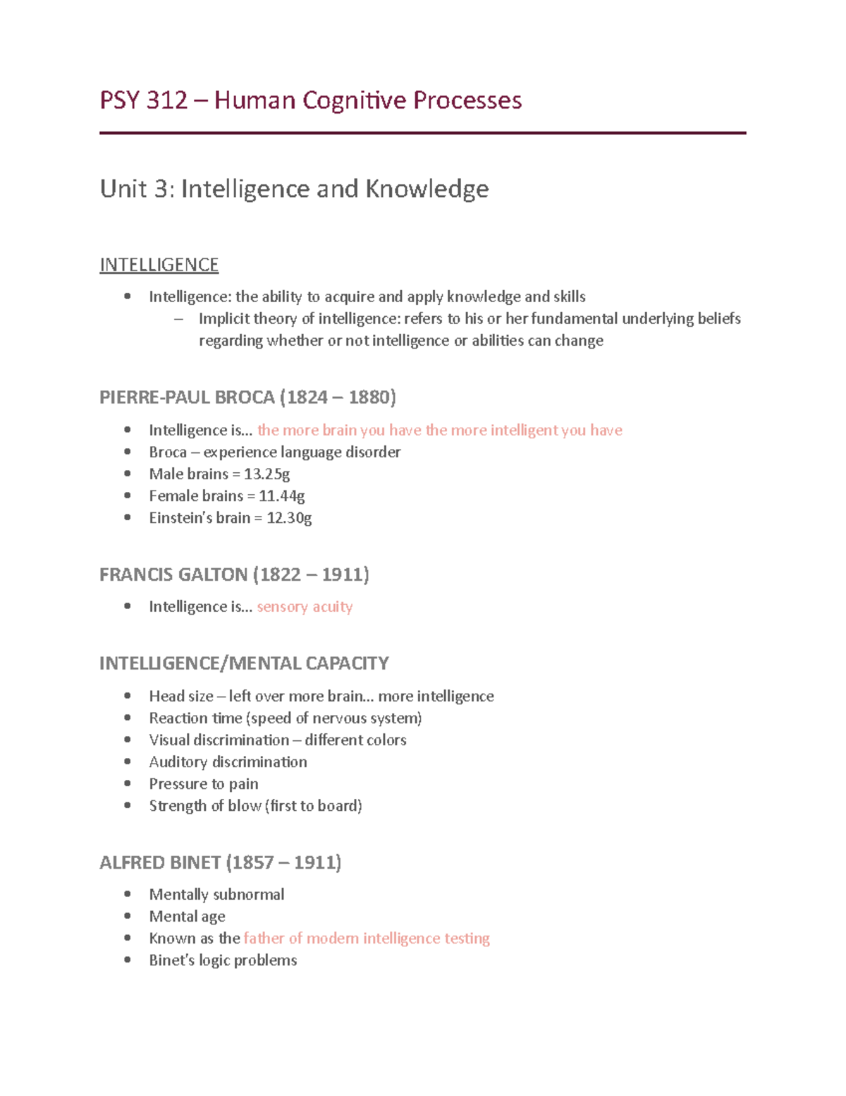 Unit 3: Intelligence and Knowledge - PSY 312 – Human Cognitive Processes Unit 3: Intelligence ...