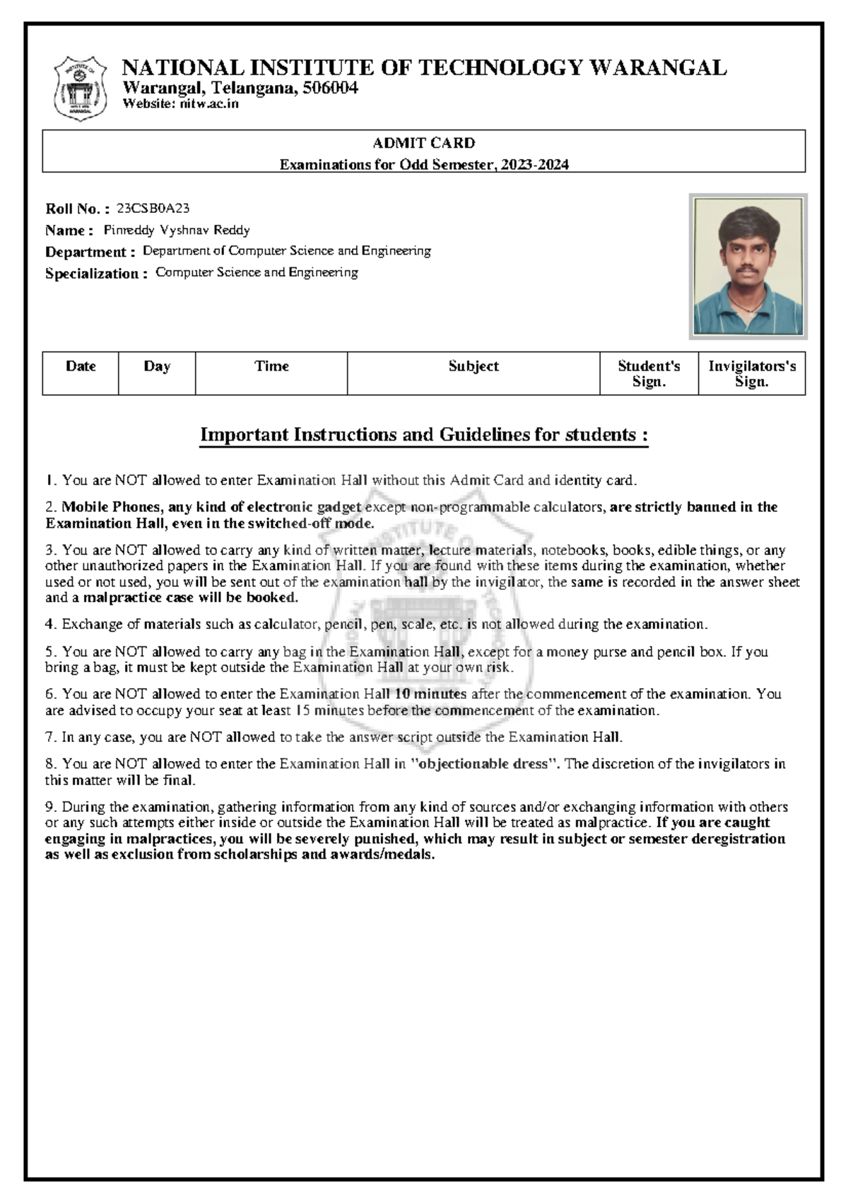 Pinreddy Vyshnav Reddy Exam Admit Card 2023 2024 - NATIONAL INSTITUTE ...