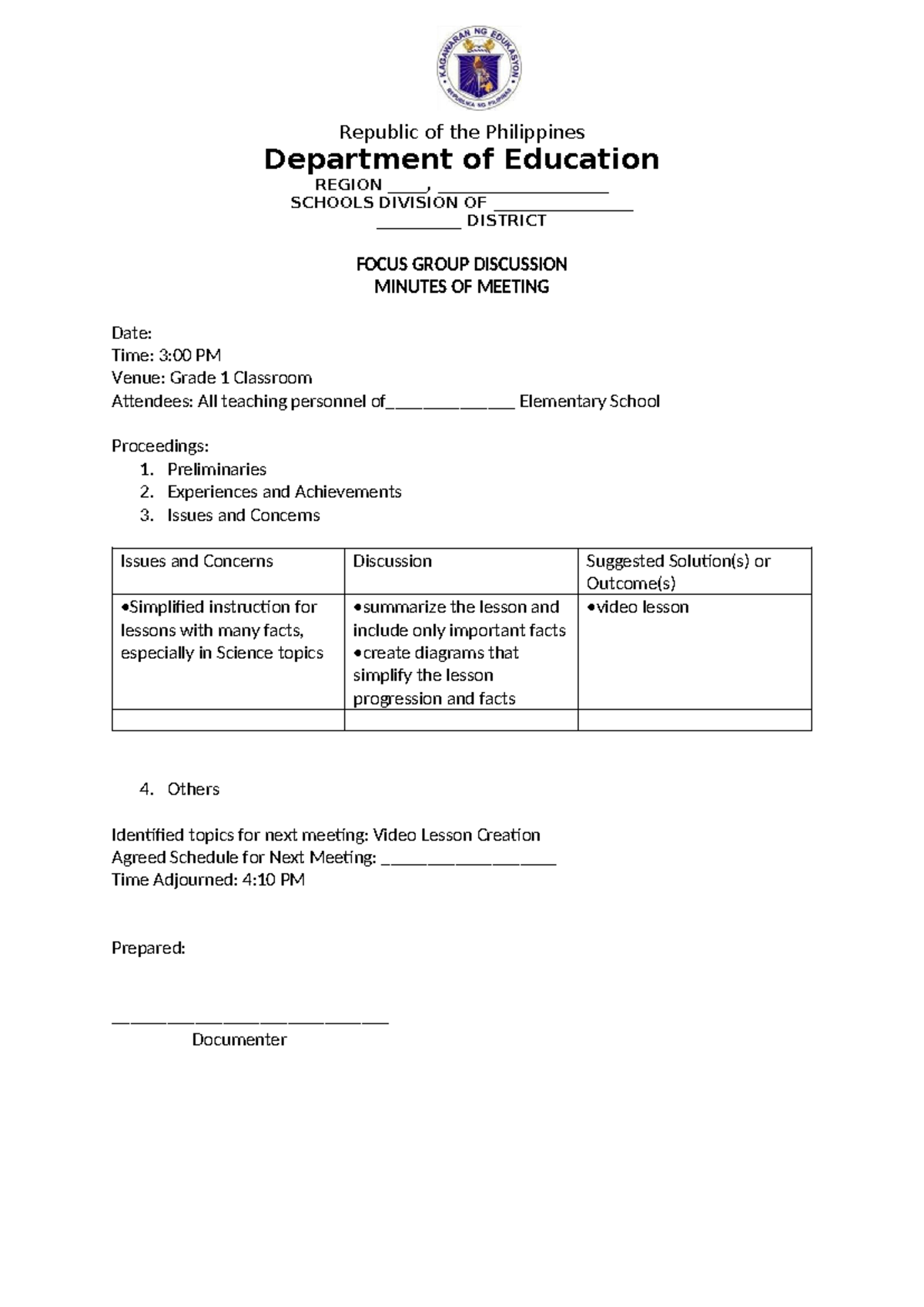 21. FGD Minutes Sample - forms - Republic of the Philippines Department ...