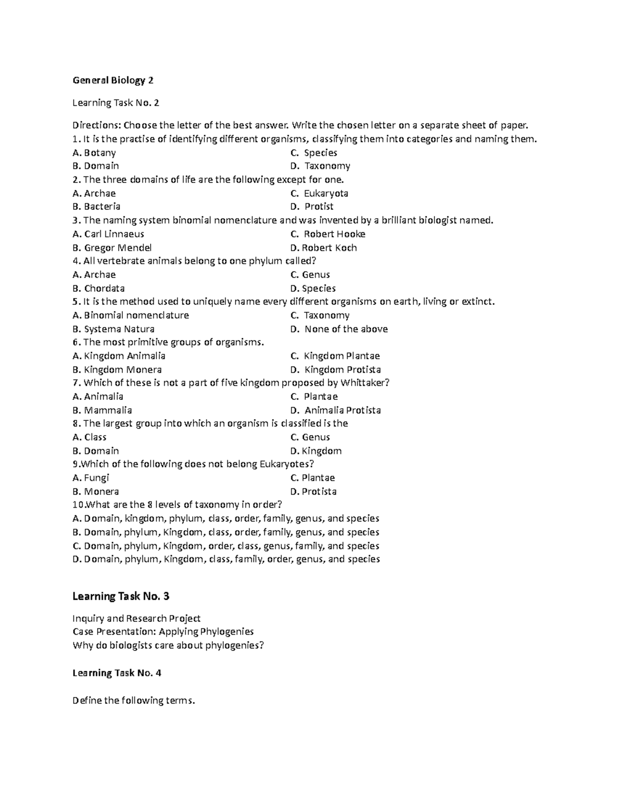 Learning-Task-f0R-April-24-282023 - General Biology 2 Learning Task No. 2 Directions: Choose the ...