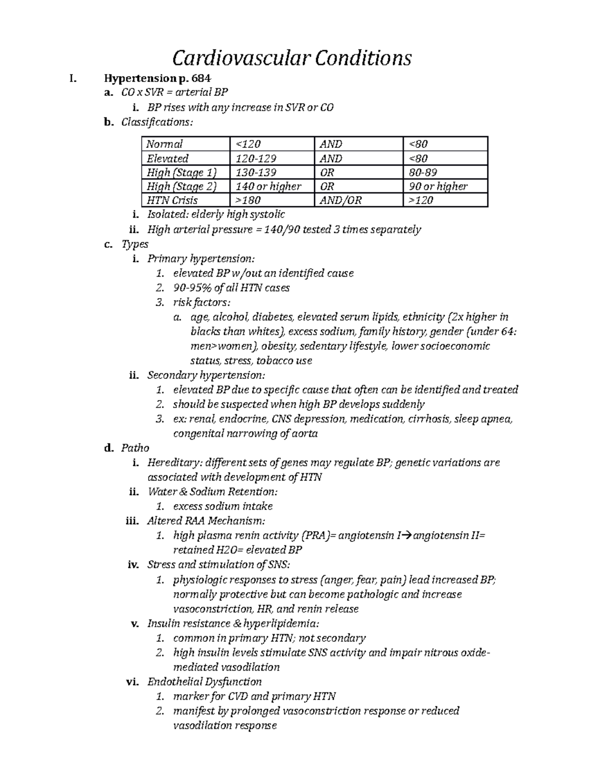 Ch. 32 Lecture Outline - Cardiovascular Conditions I. Hypertension p ...
