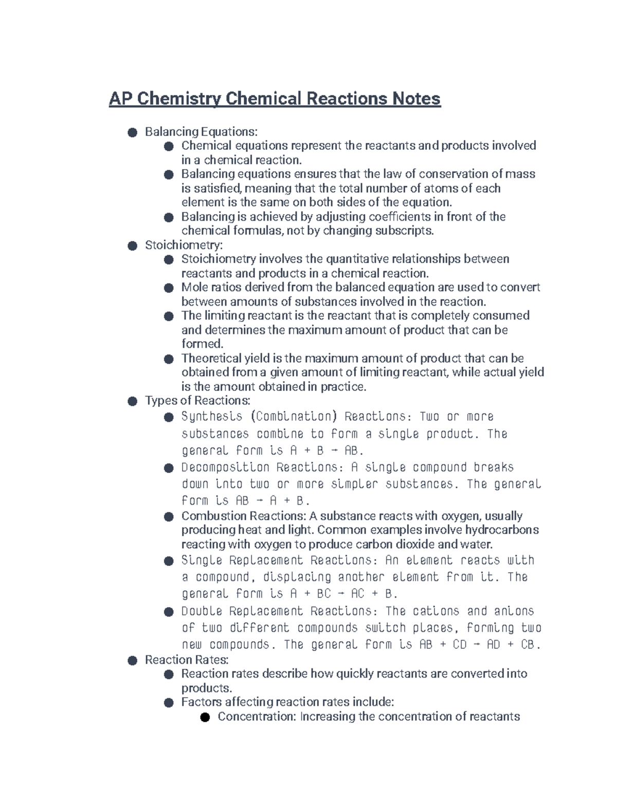 AP Chemistry Chemical Reactions Notes - Balancing equations ensures ...