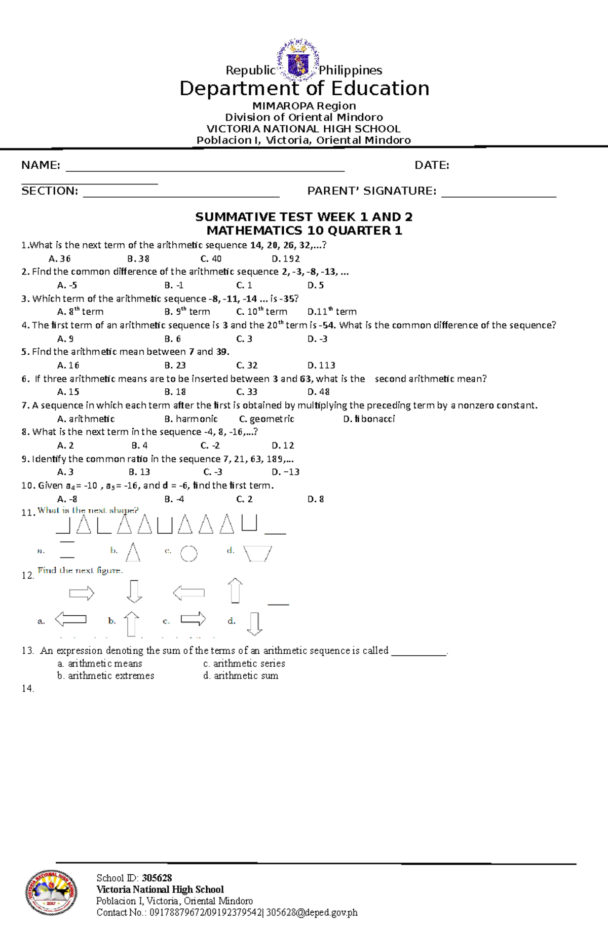 Long test math 10 q1 - notes and reviewer - Republic of the Philippines ...