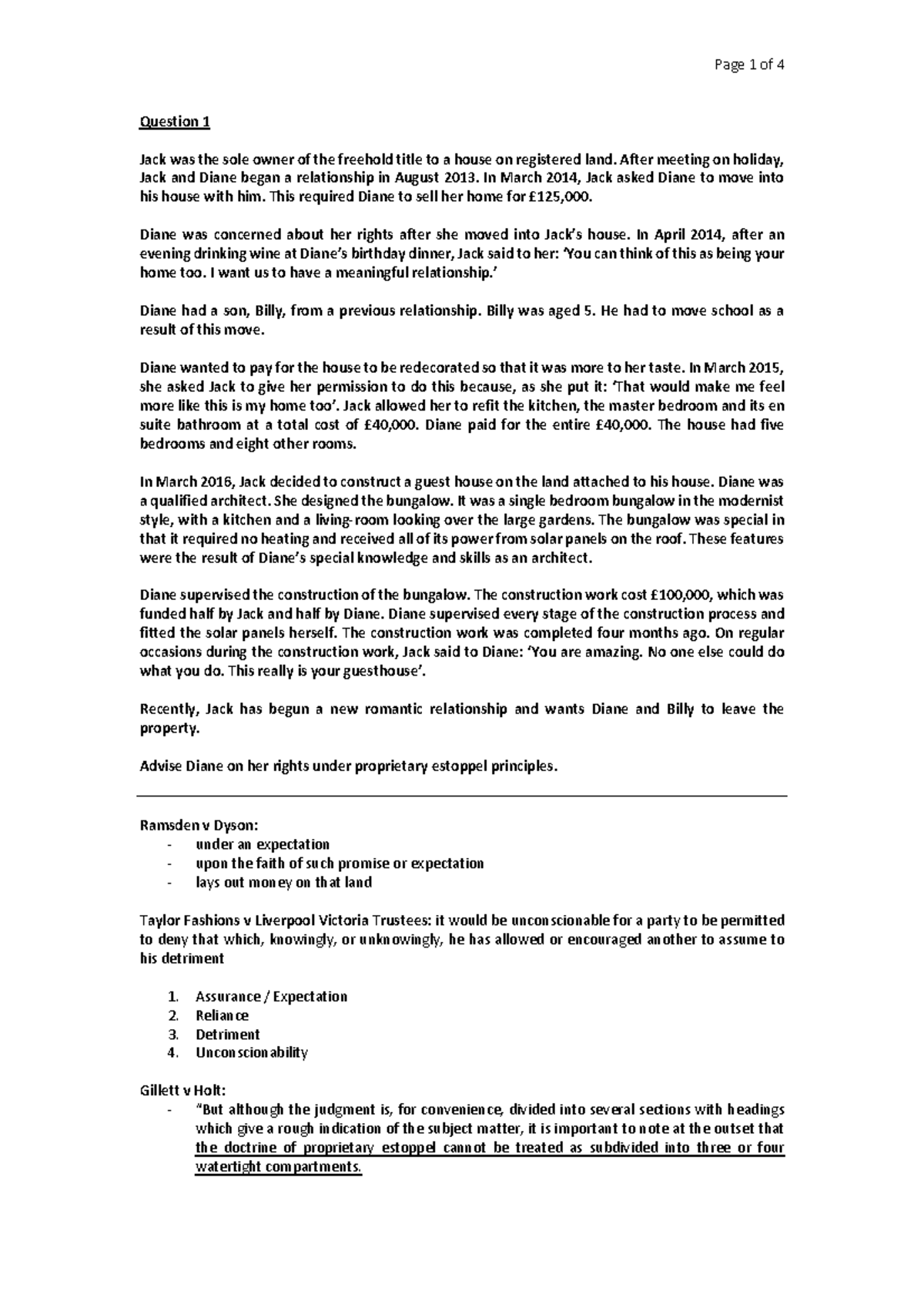 Proprietary Estoppel Q A (UKTL) - Question 1 Jack was the sole owner of ...