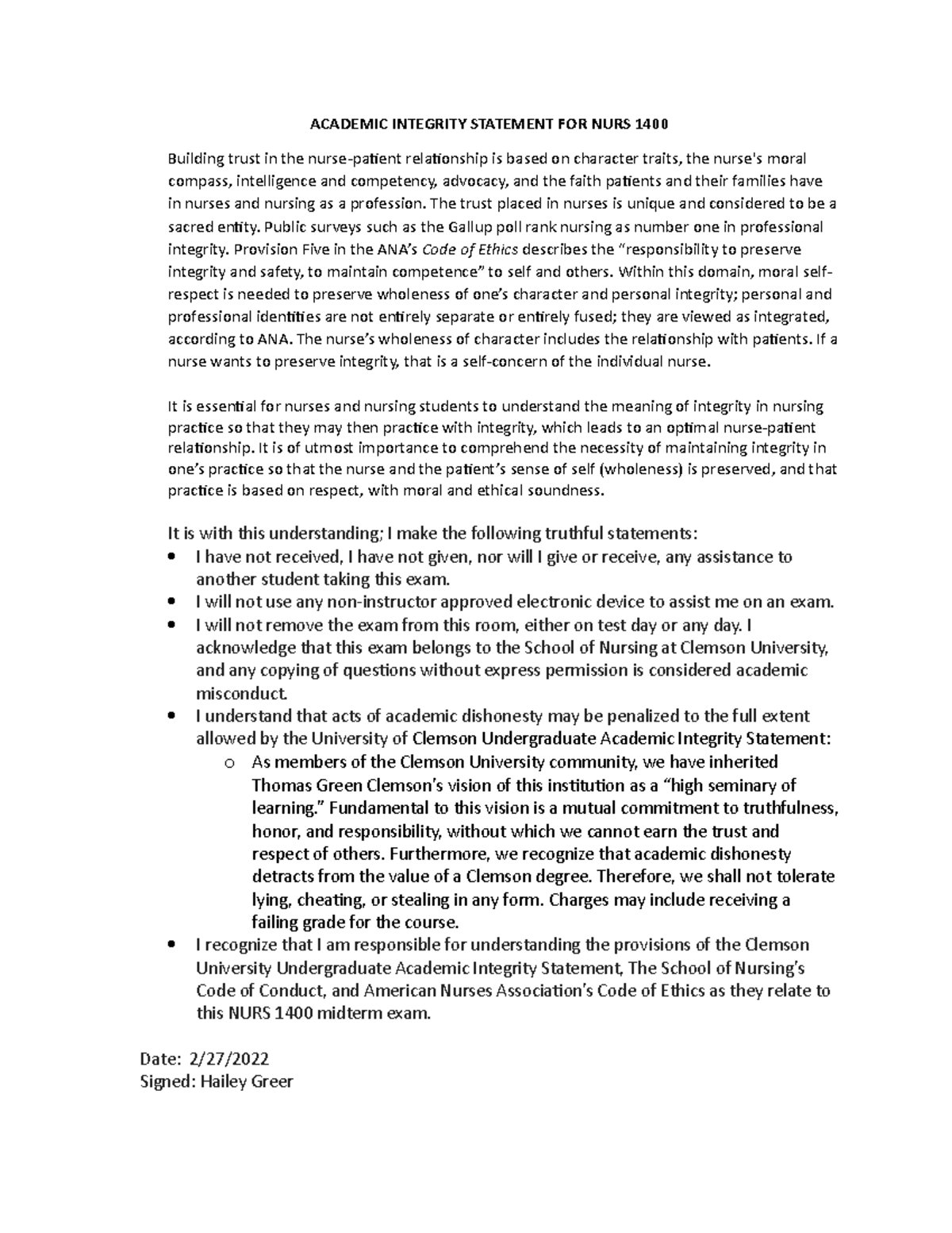 Academic Integrity Statement NURS 1400 for Exam Procedures - ACADEMIC ...
