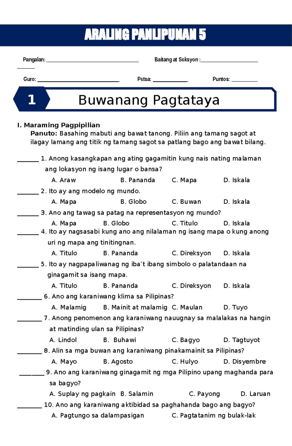 Aral Pan 5 Ist Monthly Exam - Pangalan: Baitang at Seksyon : Guro