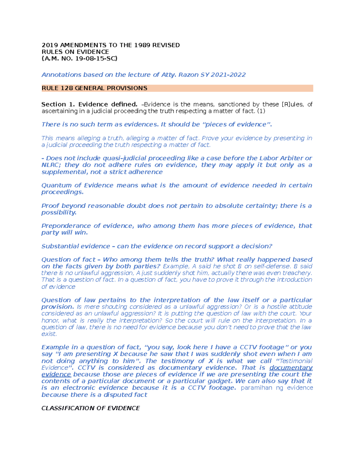 Rules ON Evidence - Sec 1 Annotation - 2019 AMENDMENTS TO THE 1989 ...