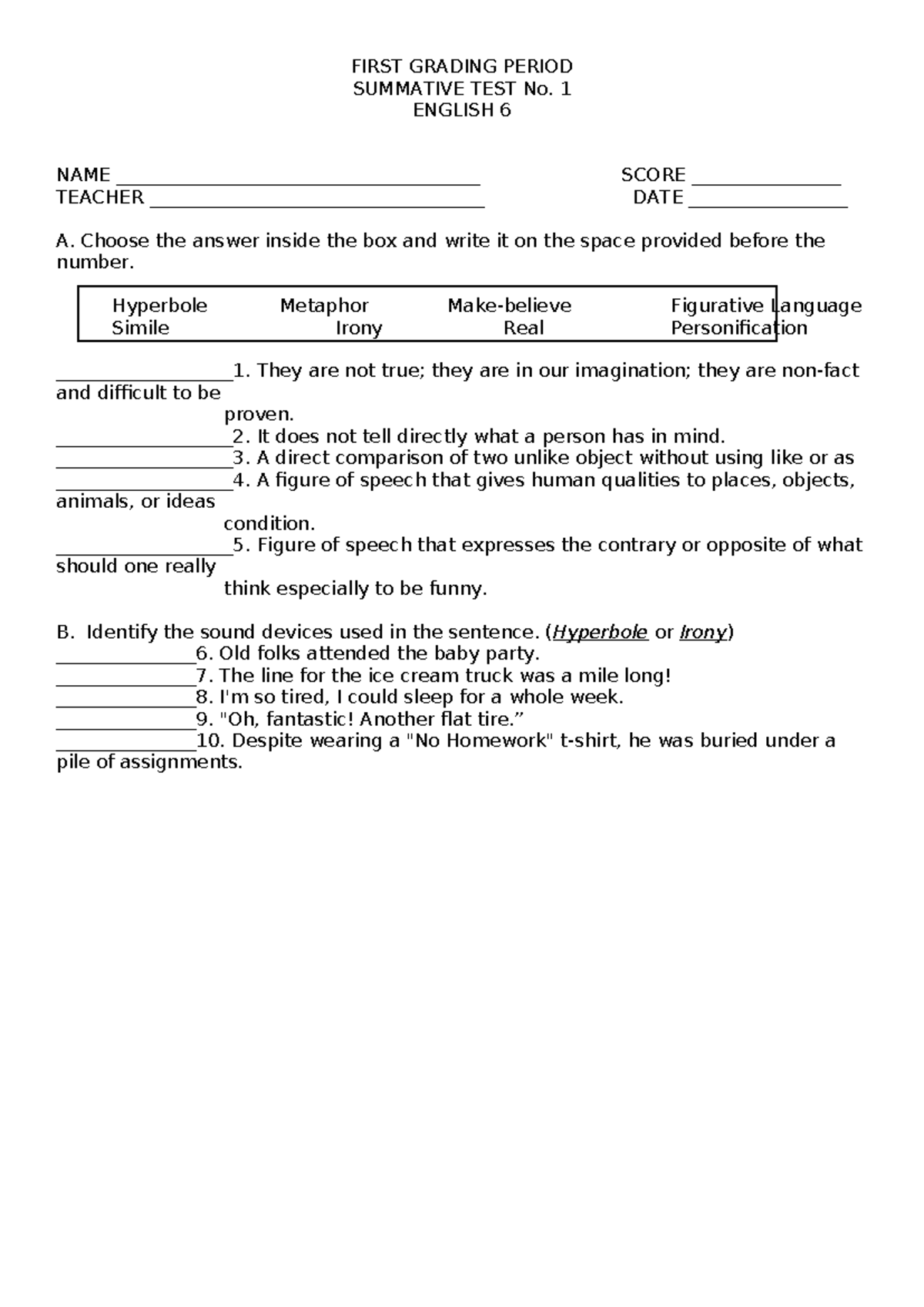 Sum 1 eng 6 q1 - Summative Test No. 1 English 6 Q1 - FIRST GRADING ...