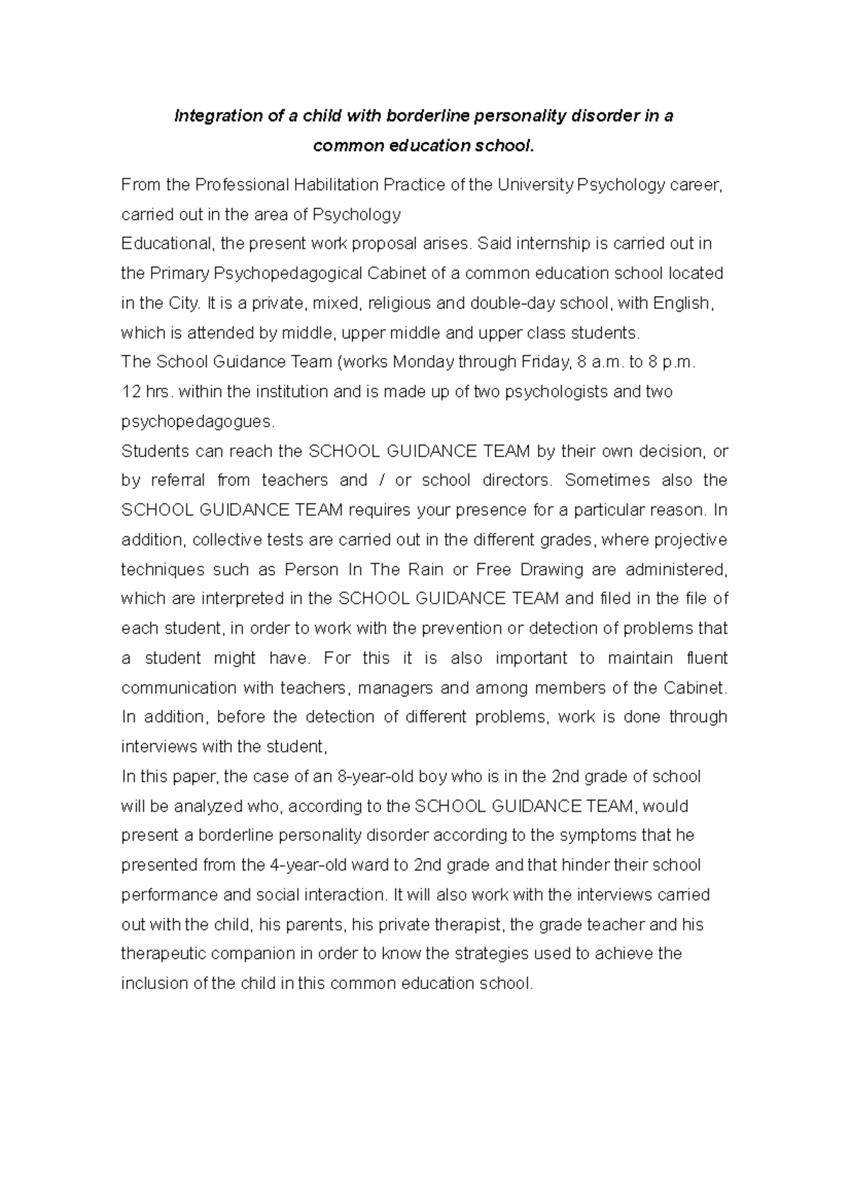 Integration of a child with borderline personality disorder in a common ...