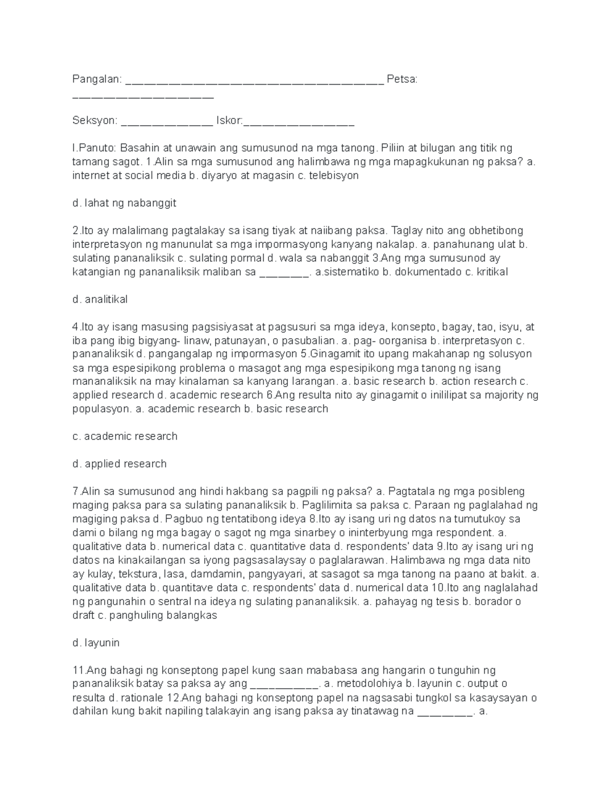 Pagsusulit sa filipino 4th - Pangalan ...