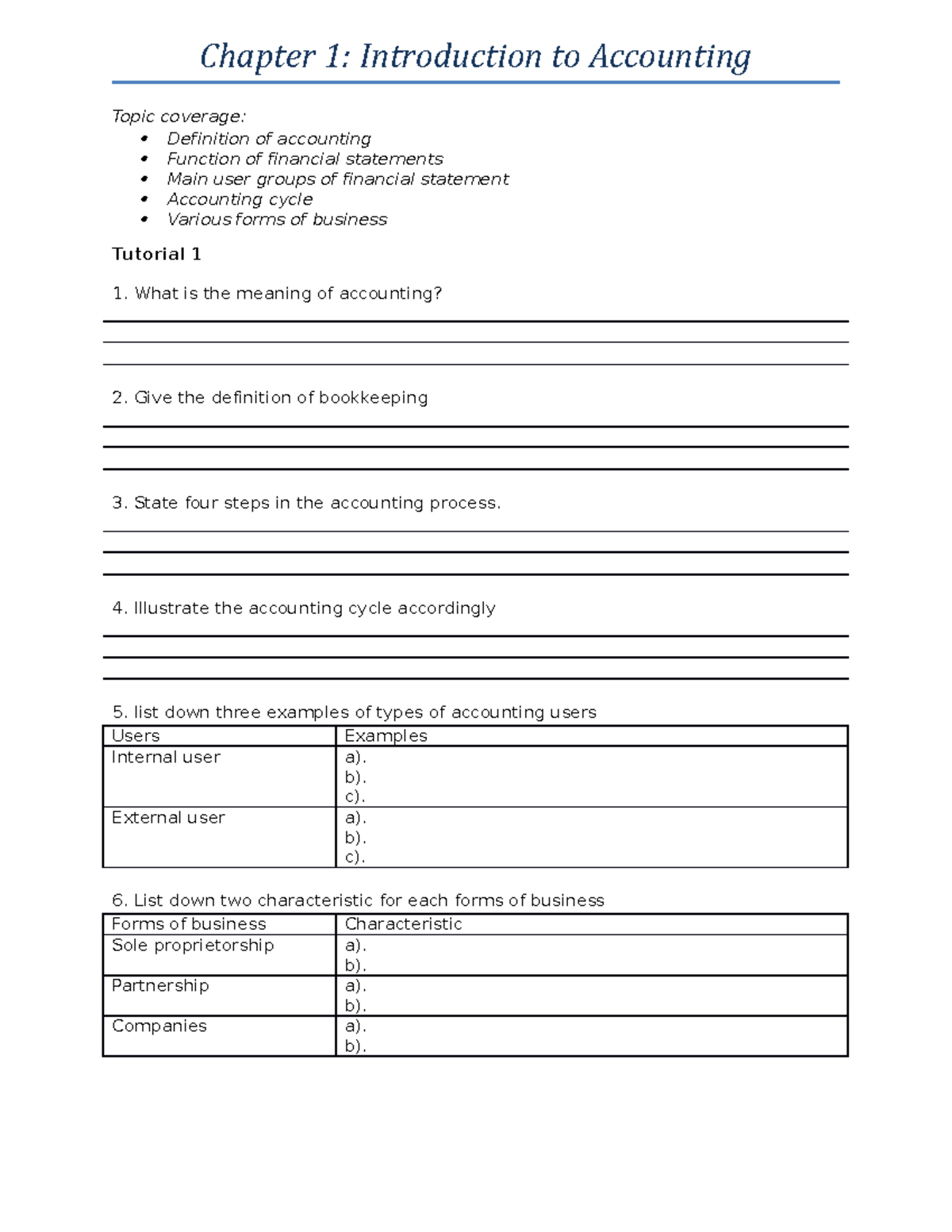 Chapter 1 - NOTES - Chapter 1: Introduction to Accounting Topic ...