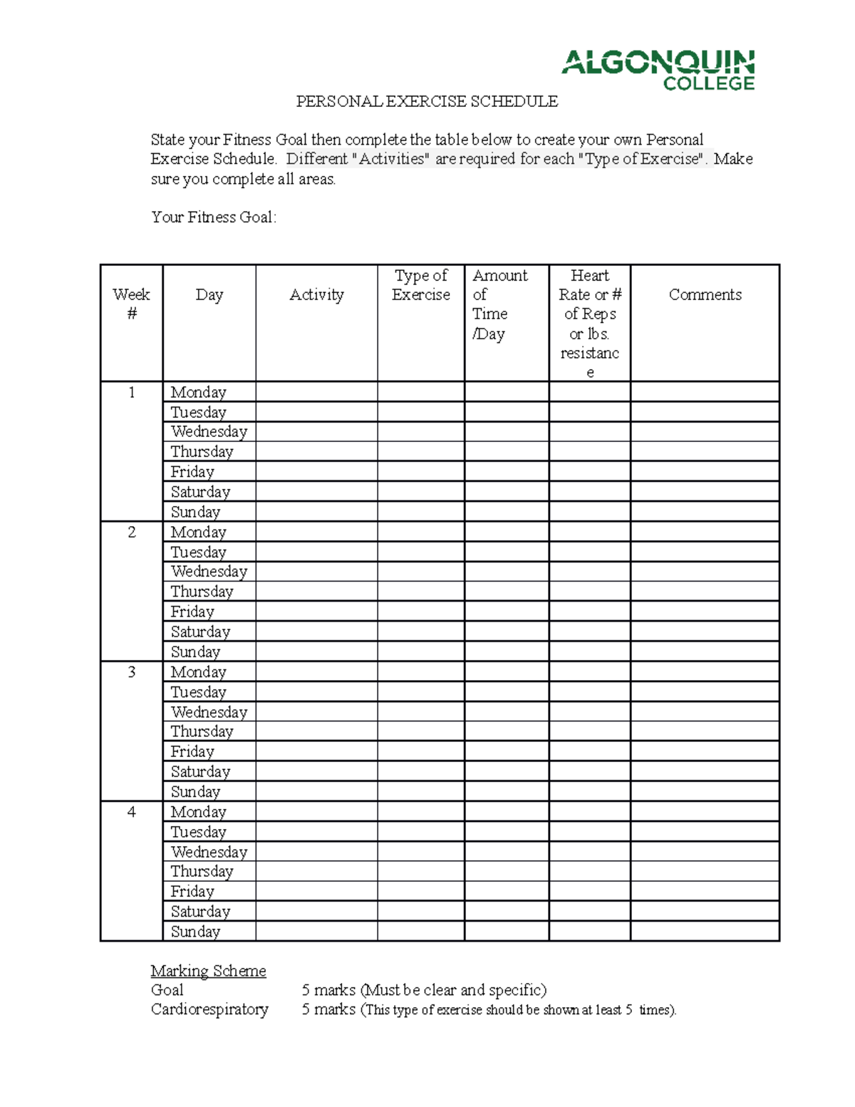GEN2003-Personal Exercise Schedule - PERSONAL EXERCISE SCHEDULE State ...