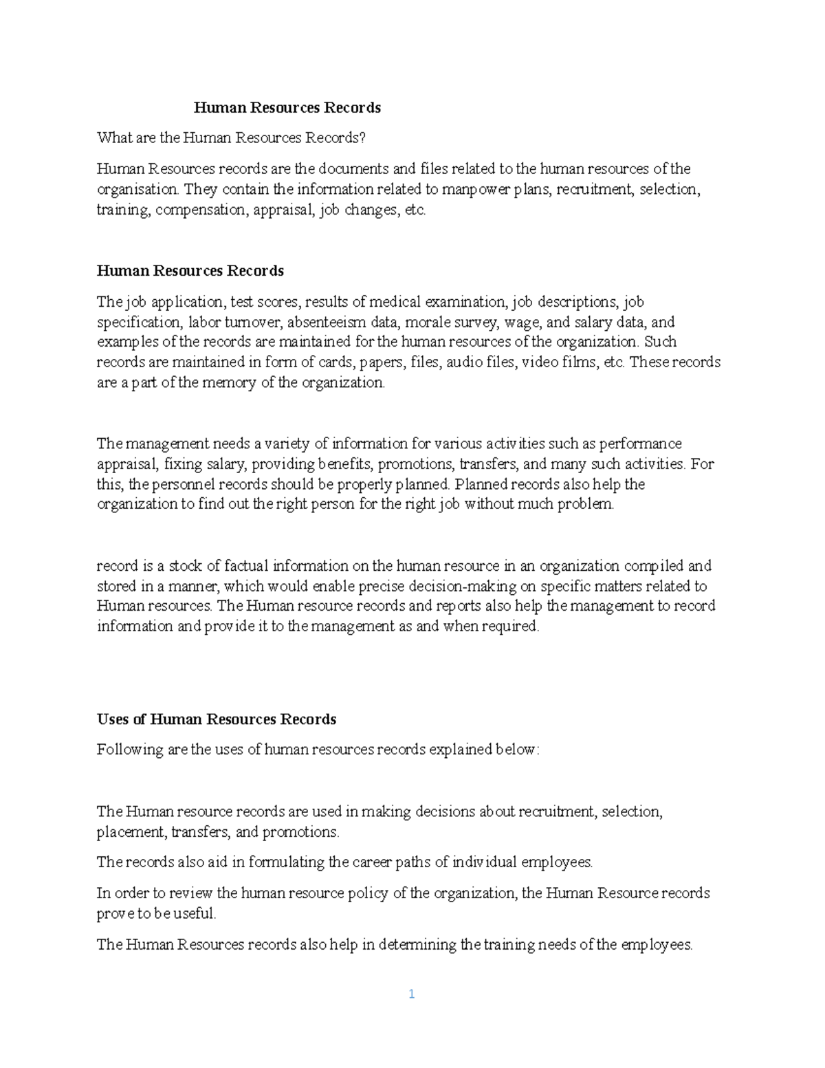 Human Resources Records - They contain the information related to ...