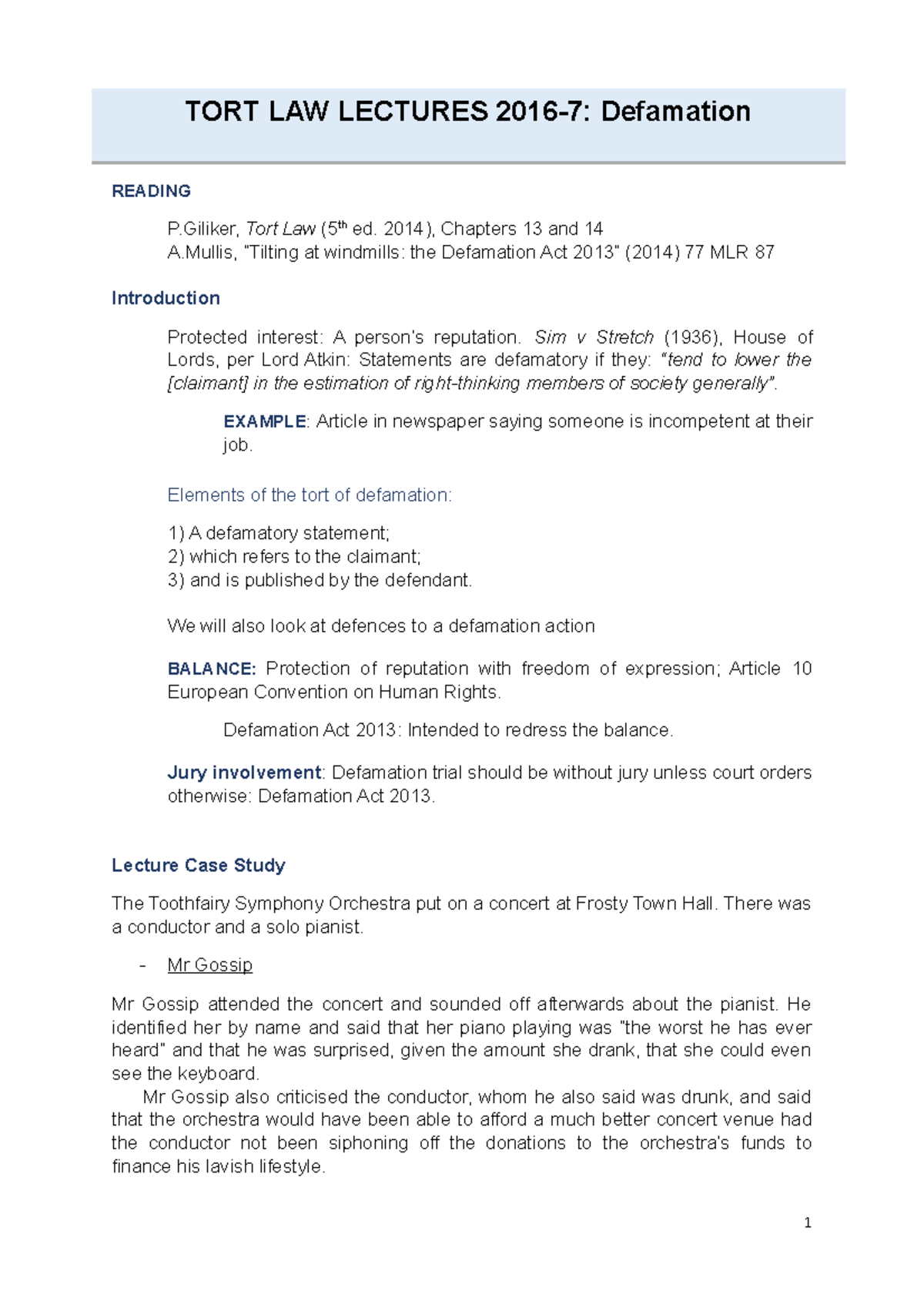 Defamation, breach and causation - TORT LAW LECTURES 2016-7: Defamation ...