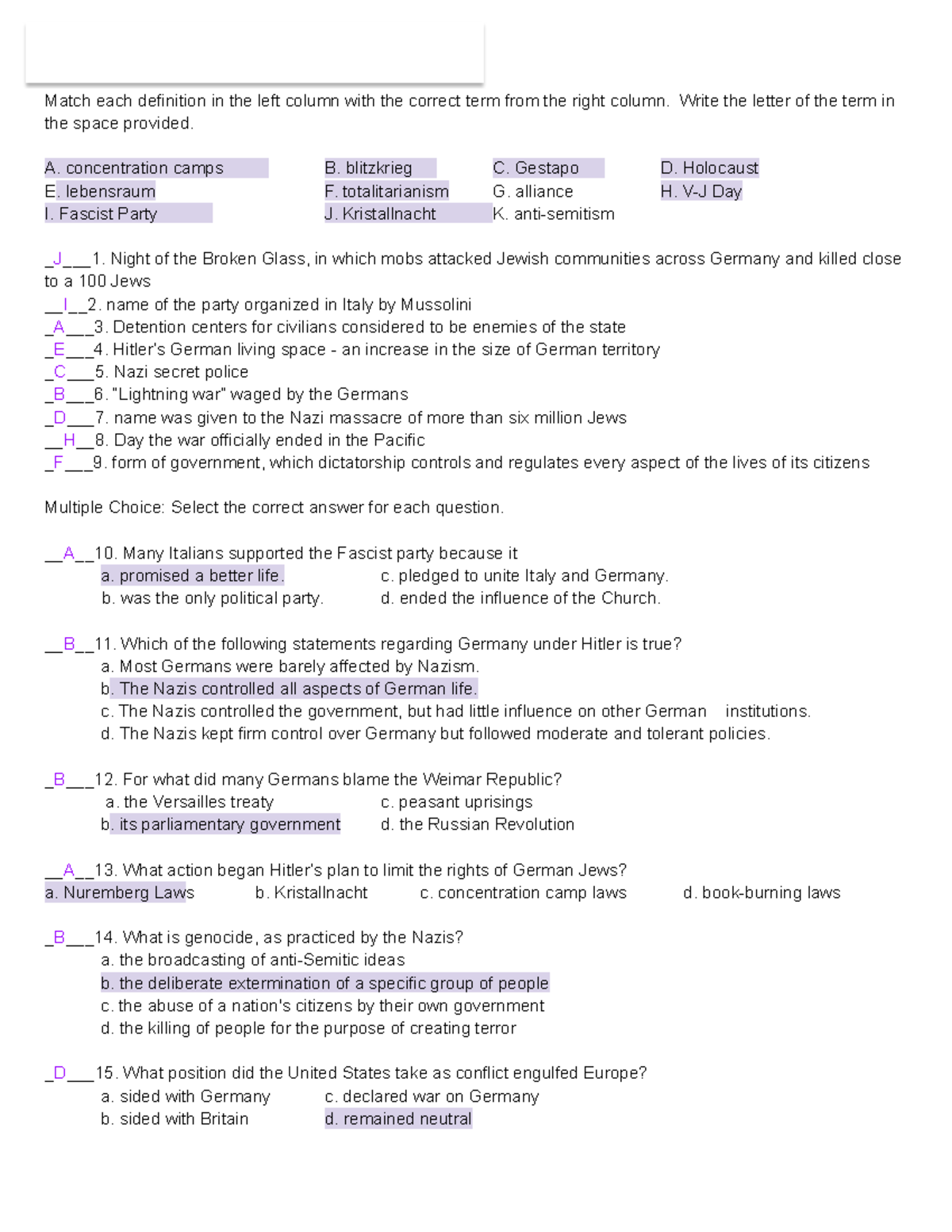 WWII practice questions - Name: Zaynab Haq Match each definition in the ...