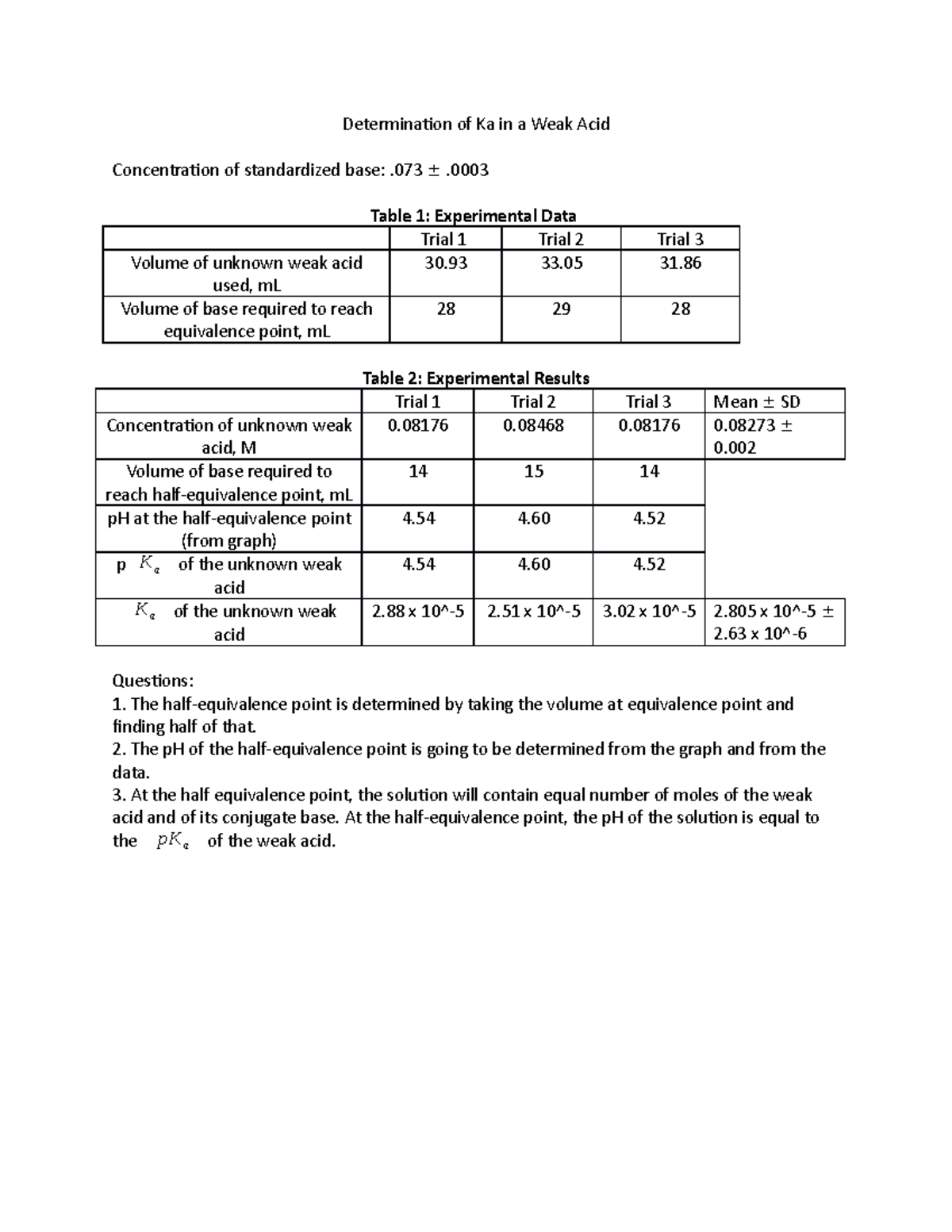 Determination of Ka in a Weak Acid - Determination of Ka in a Weak Acid ...