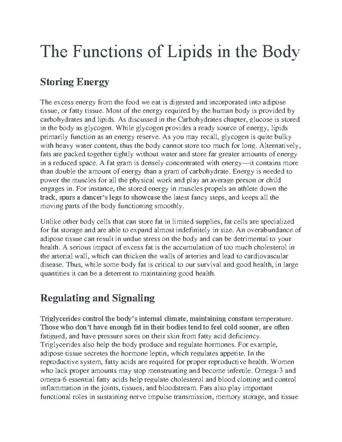 Chapter 5 Lipids - The Functions of Lipids in the Body Storing Energy ...