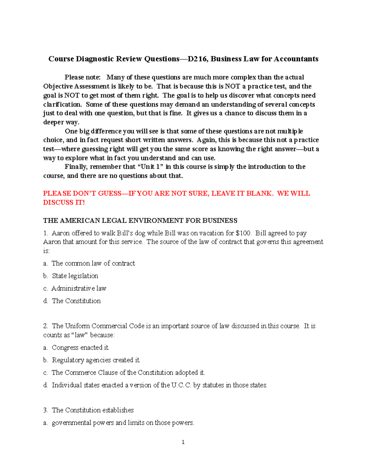 D216 Diagnostic - Course Diagnostic Review Questions—D216, Business Law ...