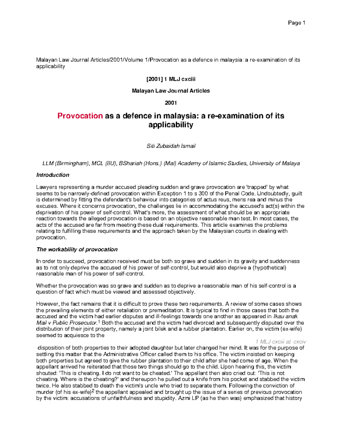 Provocation as a defence in Malaysia A R Journal Article - Malayan Law ...
