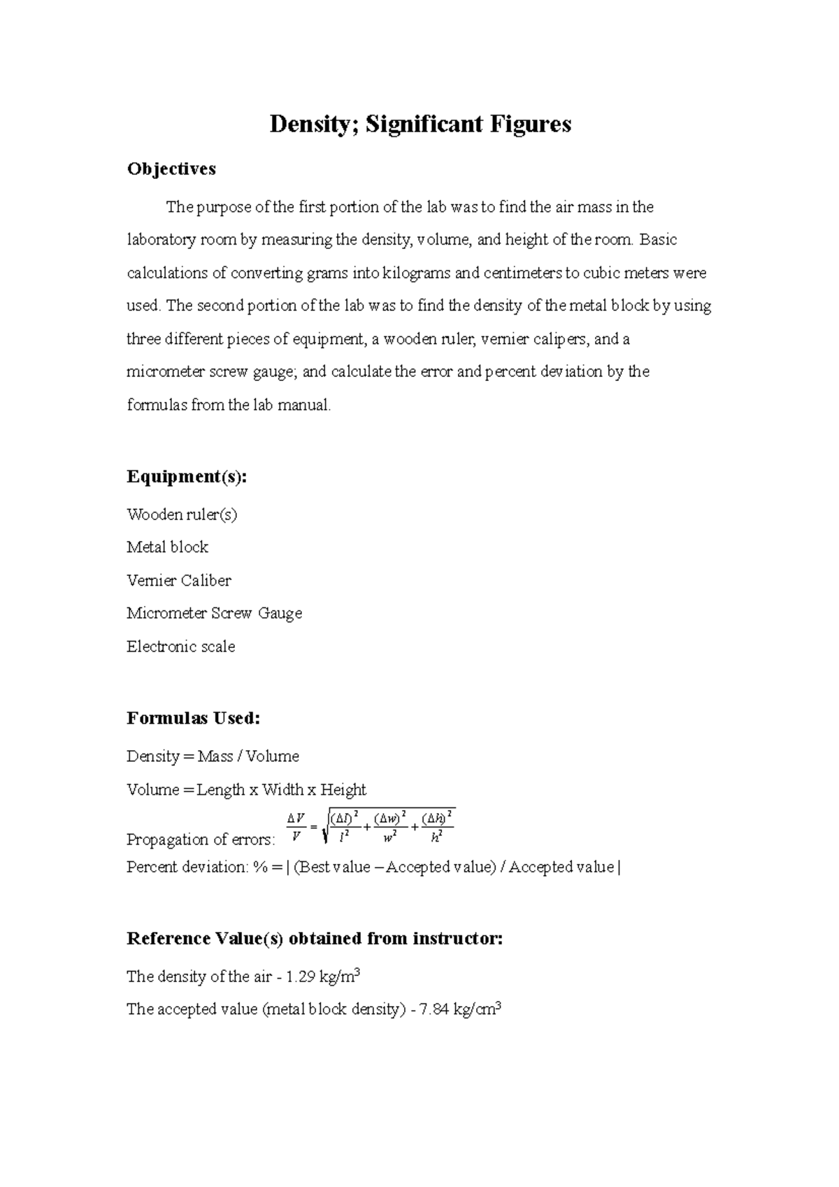 LAB #7 – Density; Significant Figures - Density; Significant Figures ...