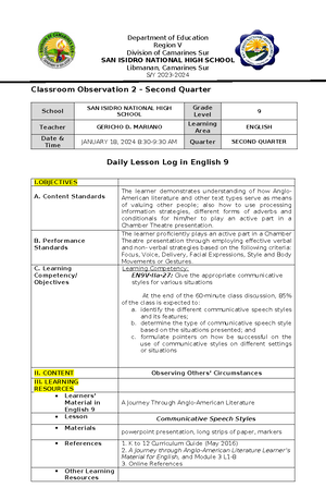 MELC DLL ENG 10 WEEK 4 Q4 DONE - GRADES 1 to 12 DAILY LESSON LOG MELC BASED School: Grade Level ...