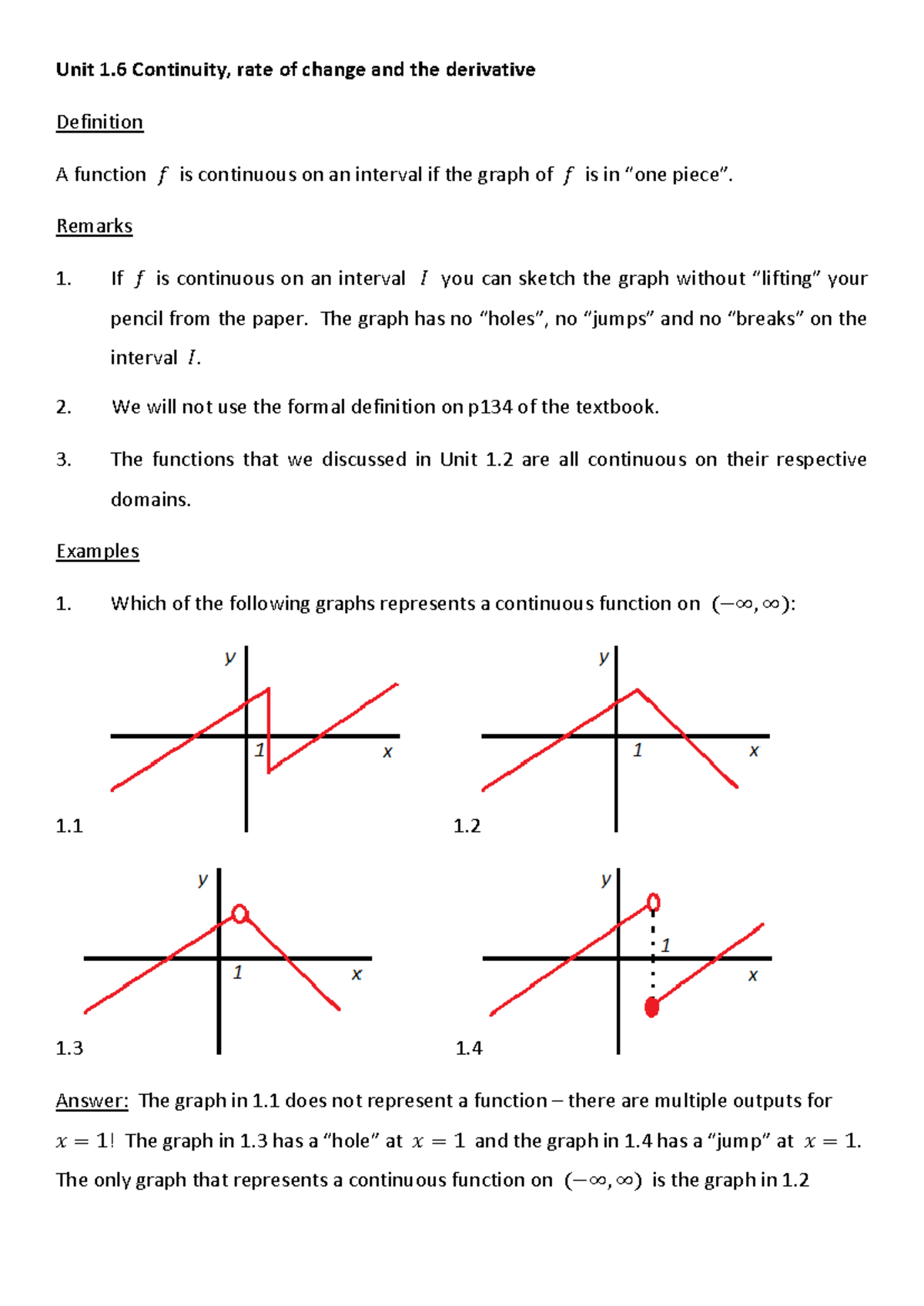 Unit 1 - notes - Unit 1 Continuity, rate of change and the derivative ...