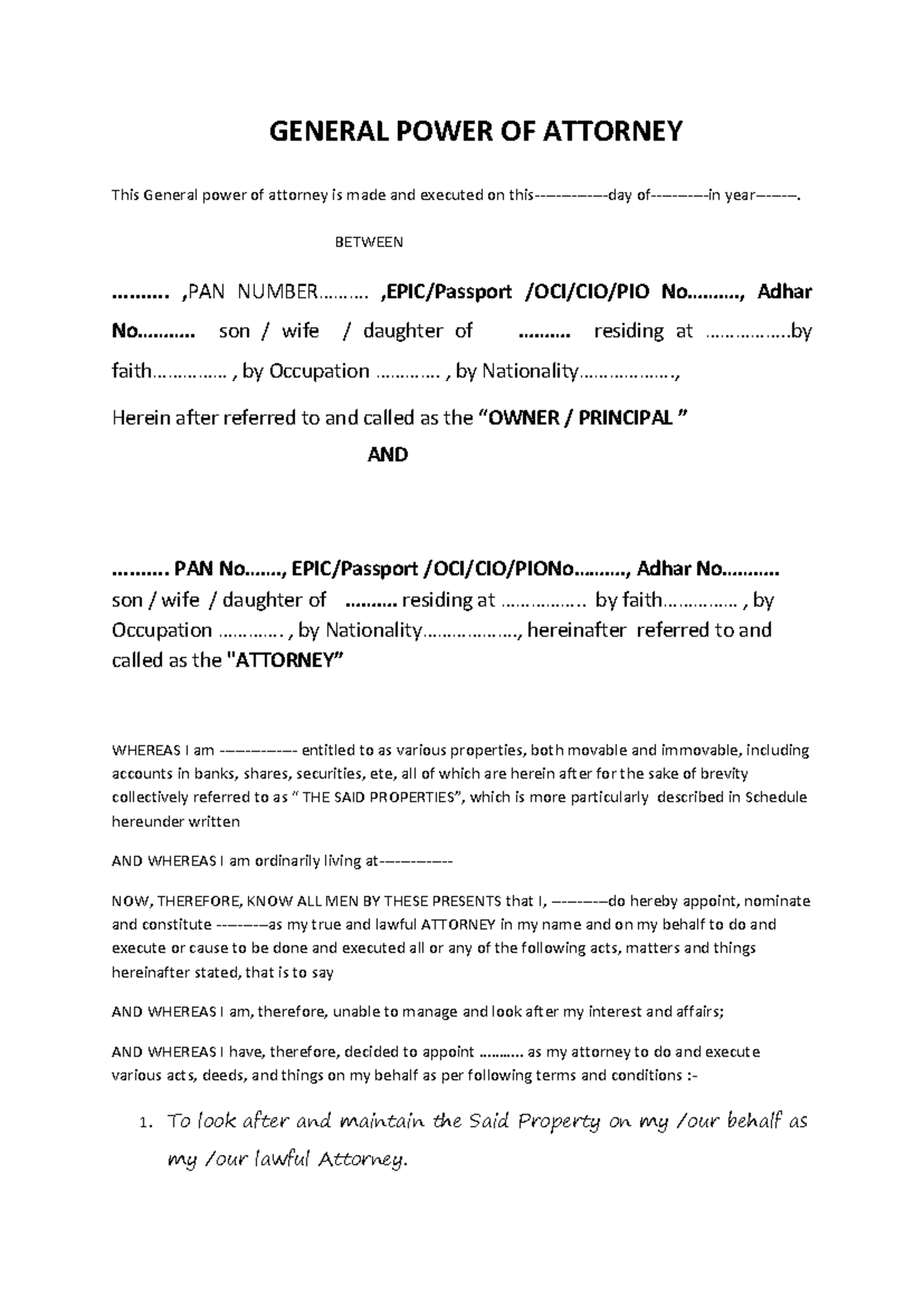 General Power of Attorney Format - GENERAL POWER OF ATTORNEY This ...