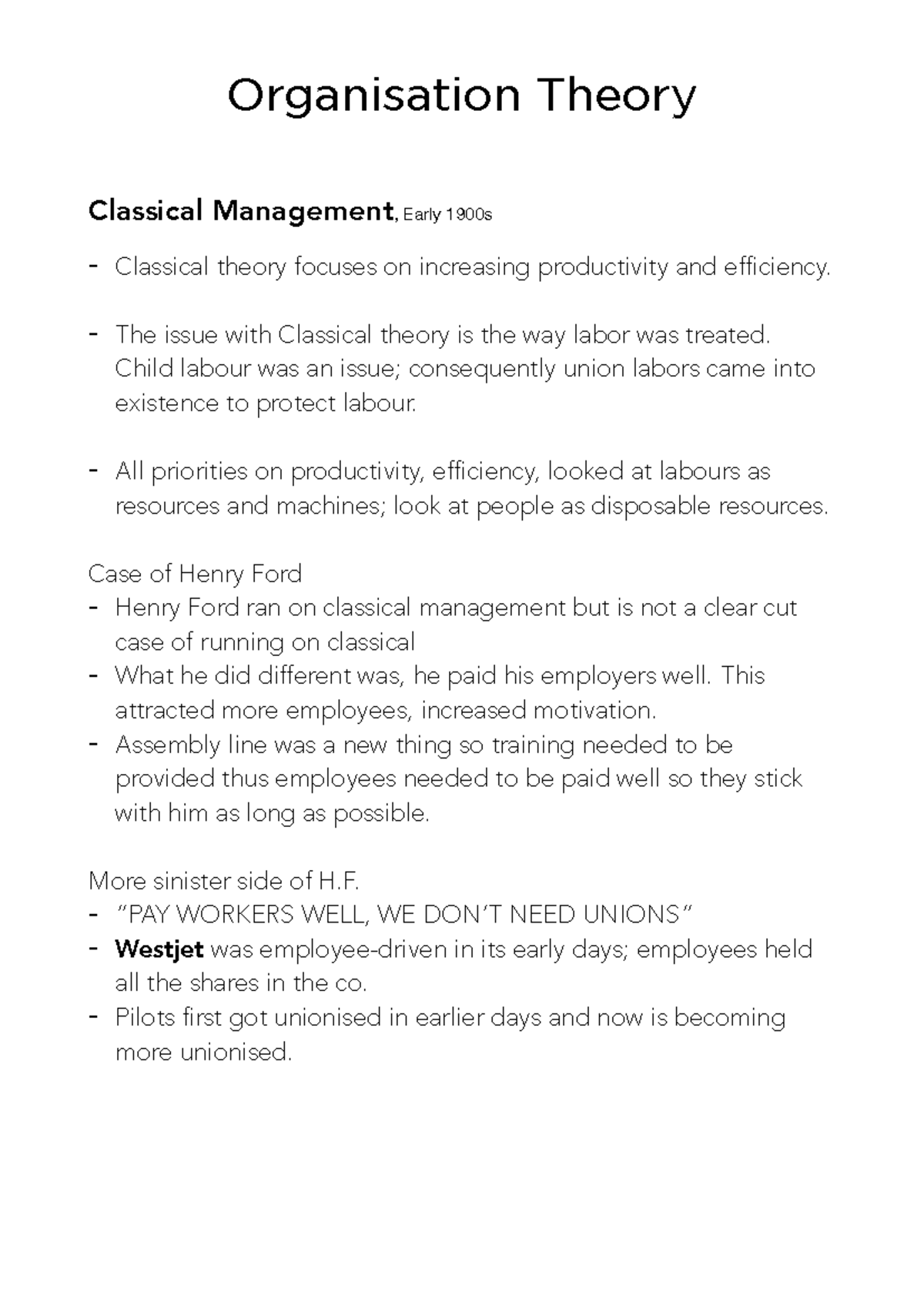 Notes - organisation theory - Organisation Theory Classical Management ...