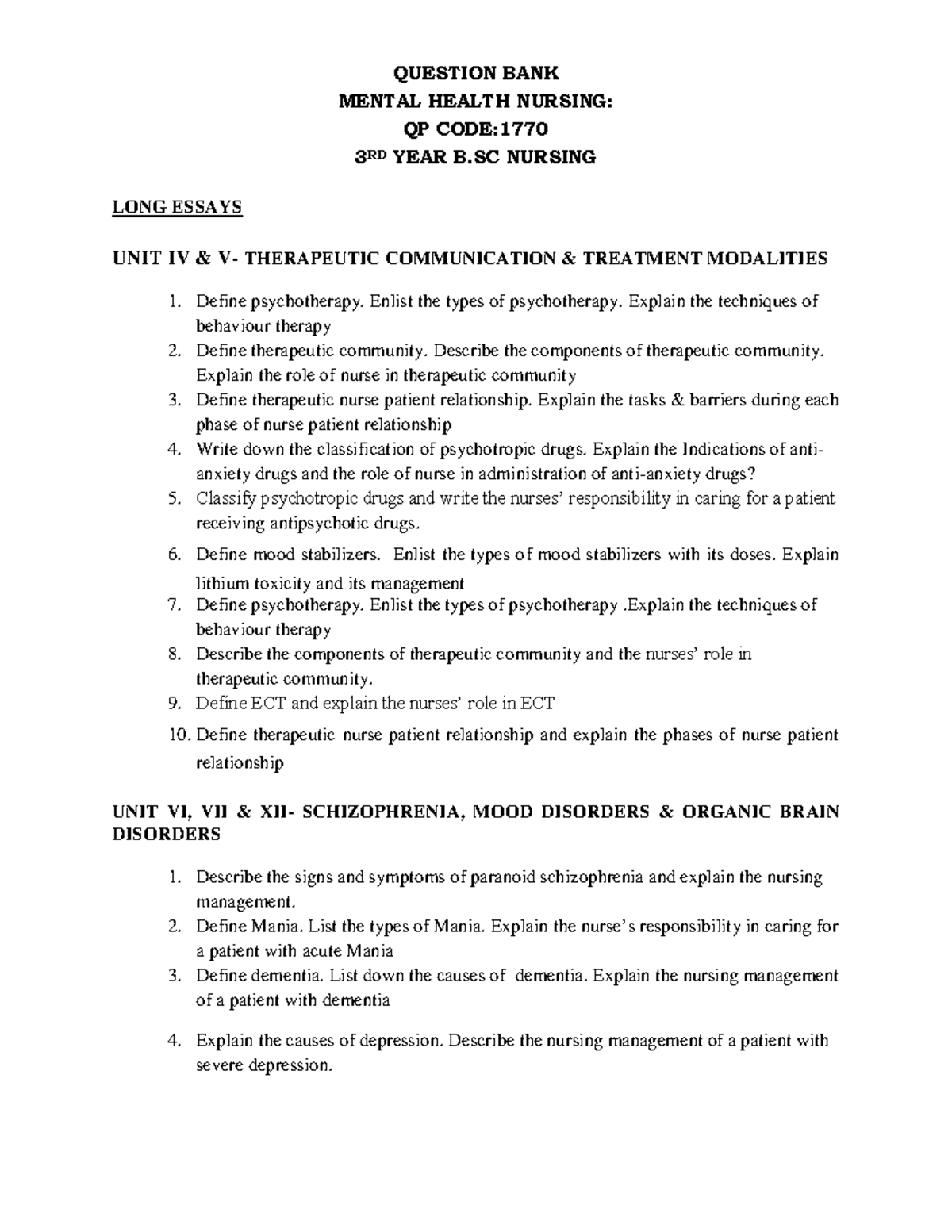 MHN - Nice - MENTAL HEALTH NURSING: QP CODE: 3 RD YEAR B NURSING LONG ...