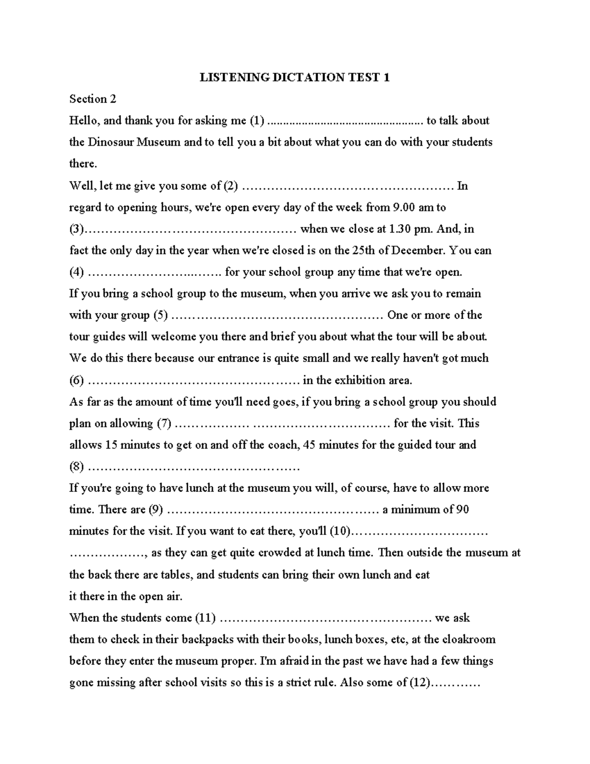 L3 Listening Dictation TEST 1 KEY - LISTENING DICTATION TEST 1 Section ...