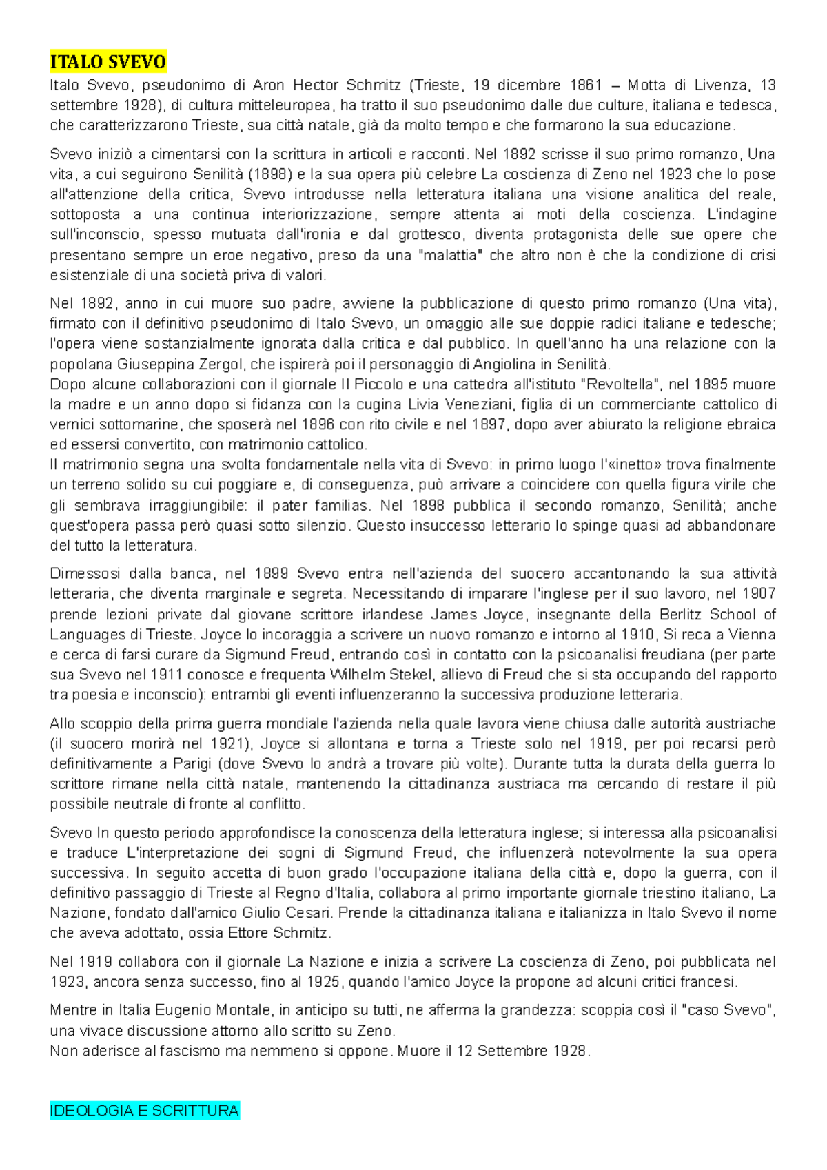 Svevo Montale E Pirandello - ITALO SVEVO Italo Svevo, pseudonimo di Aron Hector Schmitz (Trieste ...