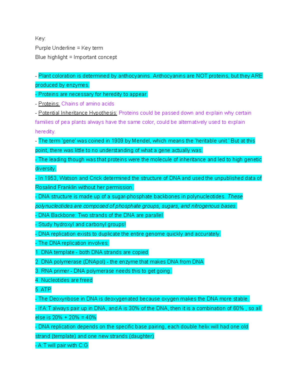 Bio113 Notes - DNA Replication - Key: Purple Underline = Key term Blue ...