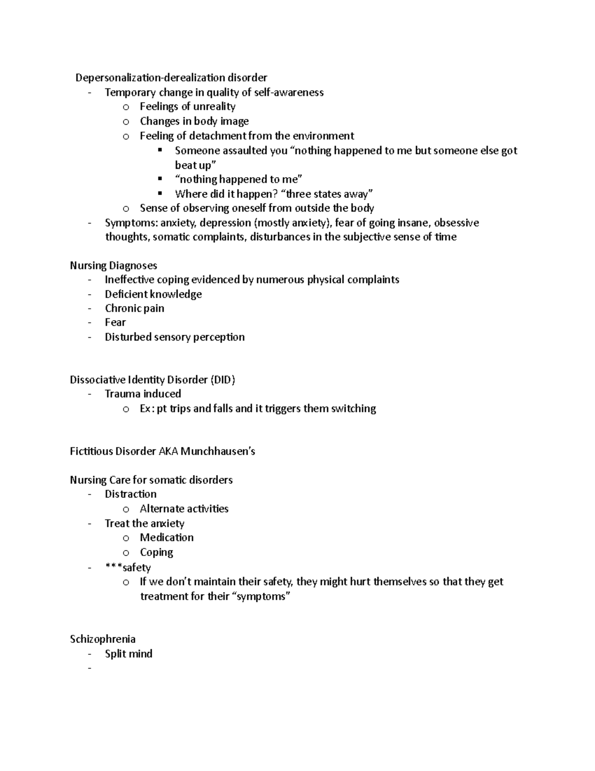 Mental Health Exam 3 - lecture notes - Depersonalization-derealization ...