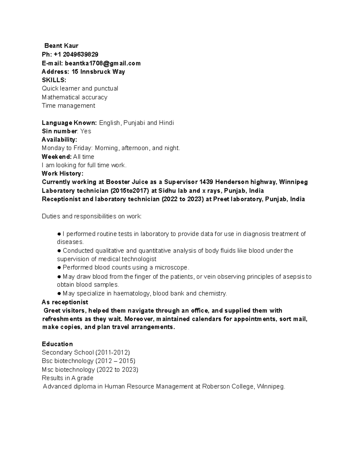 Beant KAUR Resume - I need these answers to analyse my point of view - Beant Kaur Ph: +1 ...