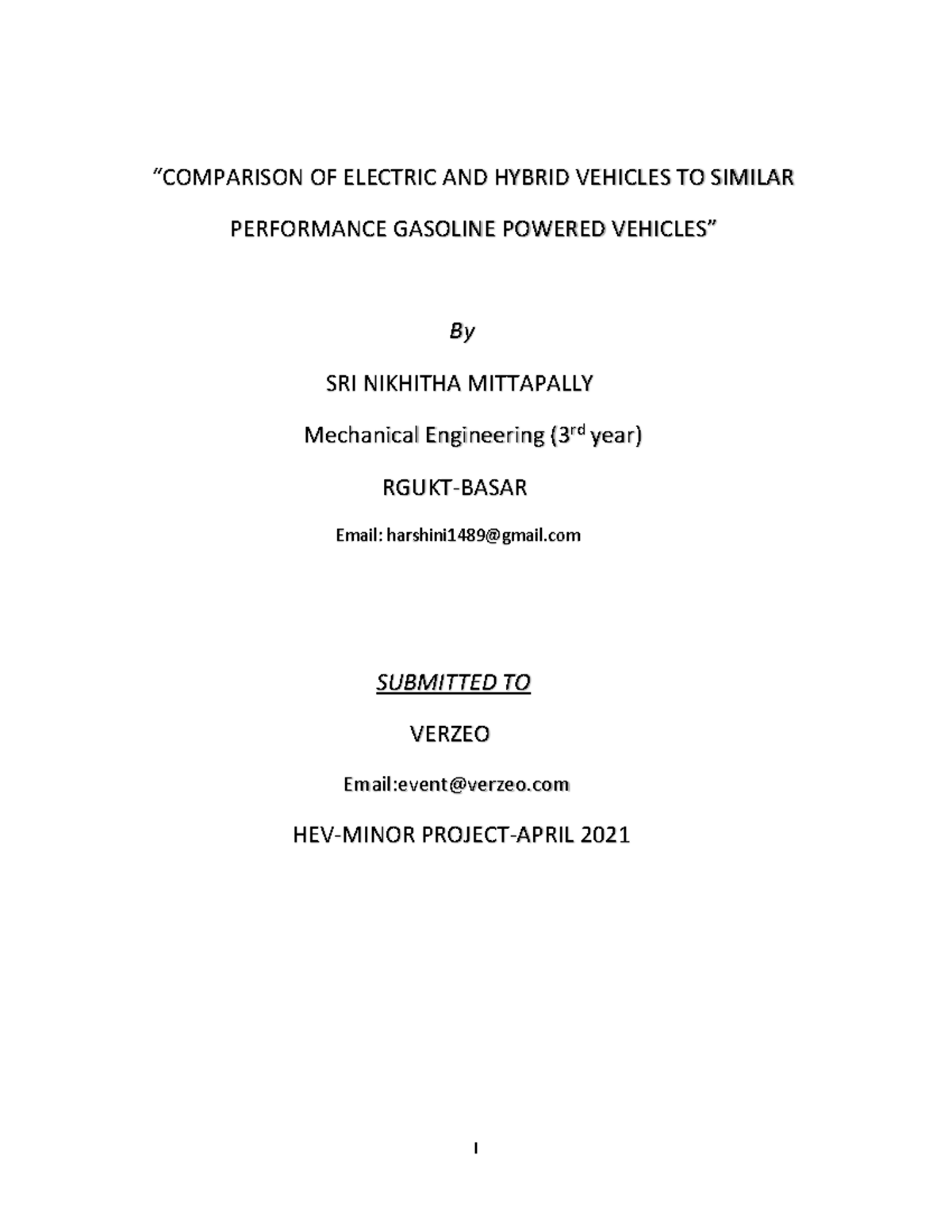HEV Project About EV charging infrastructure - “COMPARISON OF ELECTRIC AND HYBRID VEHICLES TO ...