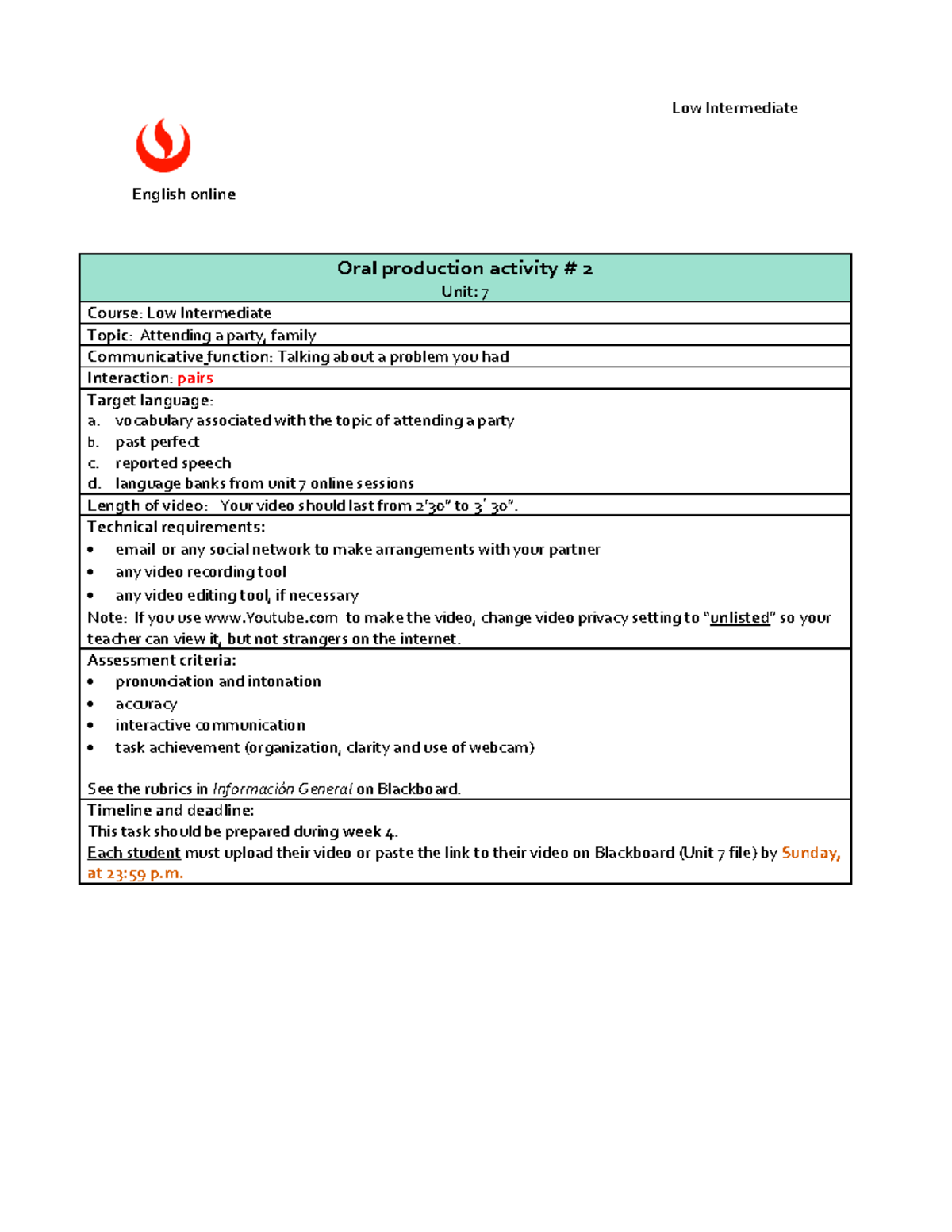 Low Intermediate OPA # 2 UNIT 7 - Low Intermediate English online Oral ...